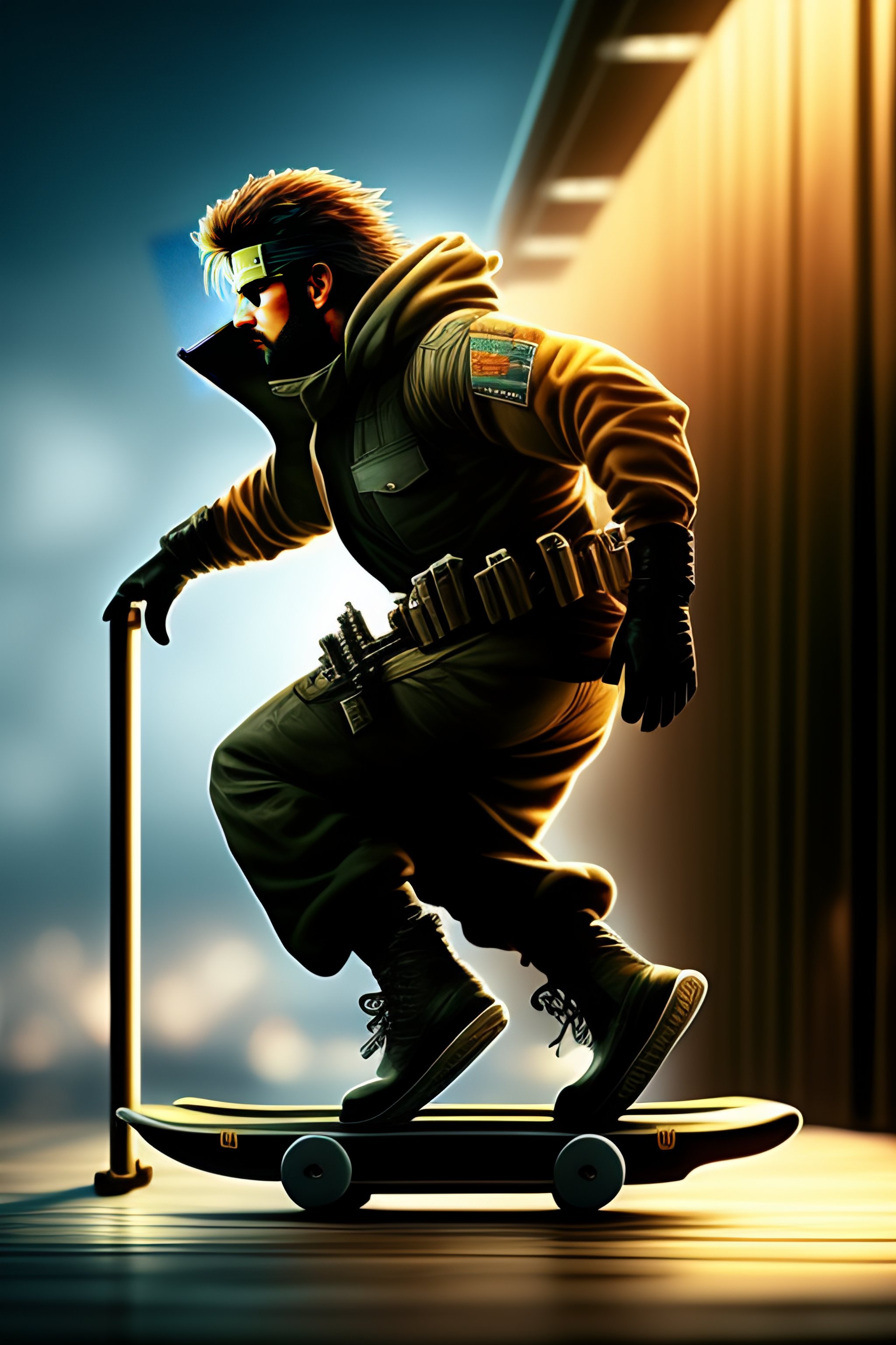 Lexica - Solid Snake from Metal Gear grinding on a skateboard on a ...