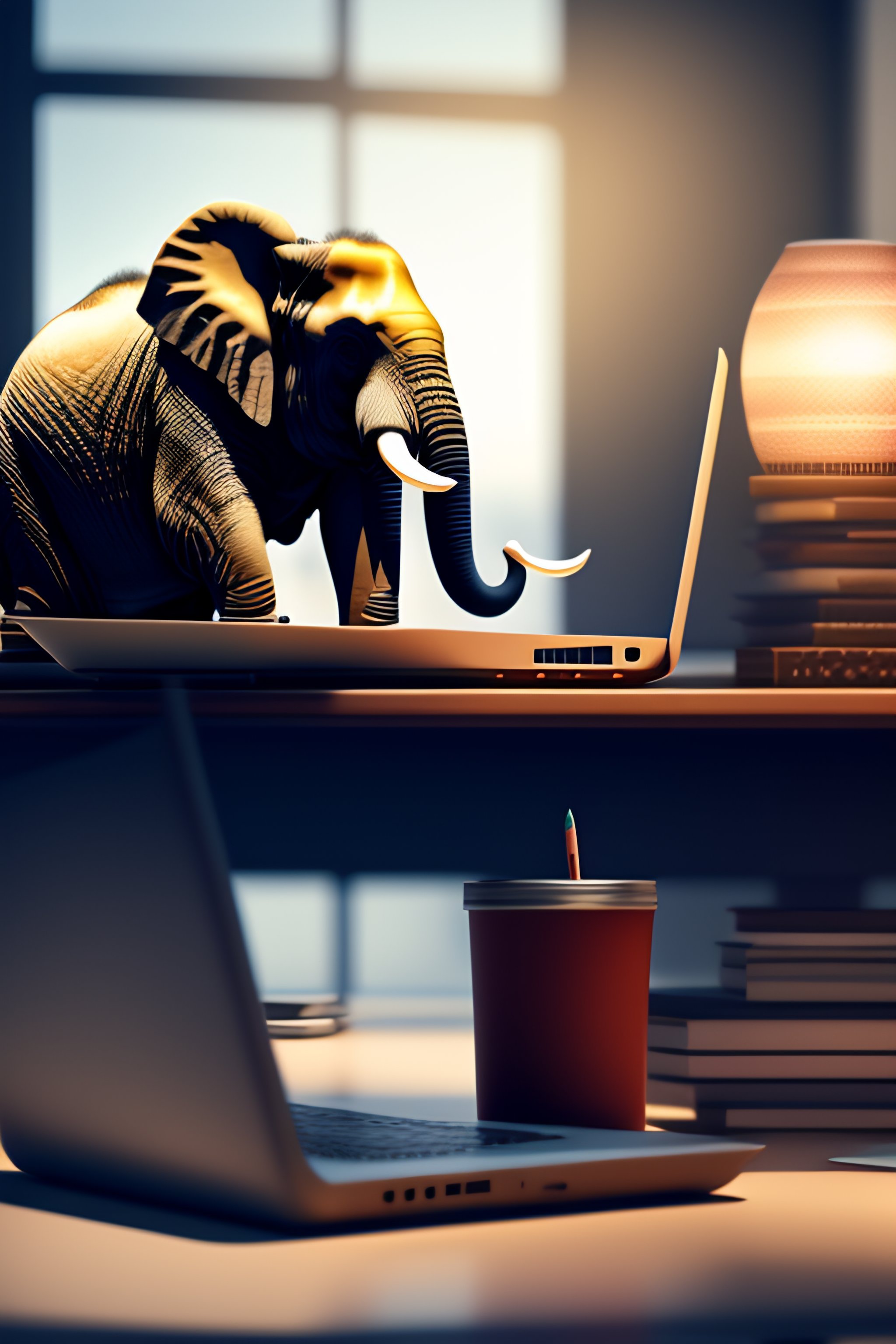 Lexica - An angry humanoid elephant sits at a cluttered desk in front ...