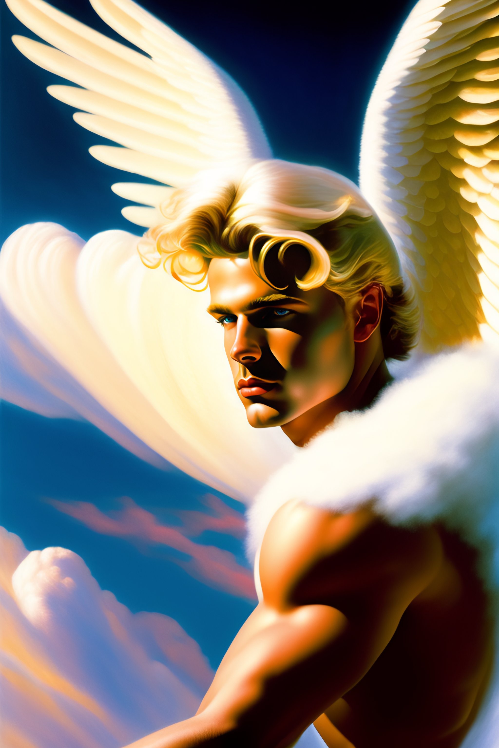 Lexica - A male Angel flying and dancing among the clouds, blond hair ...