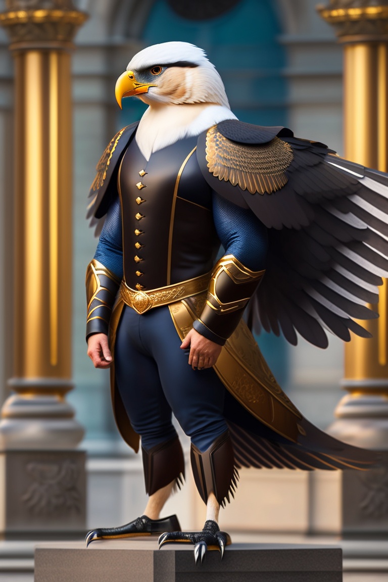 Lexica - Anthropomorphic hawk in a bodyguard black suit, background palace