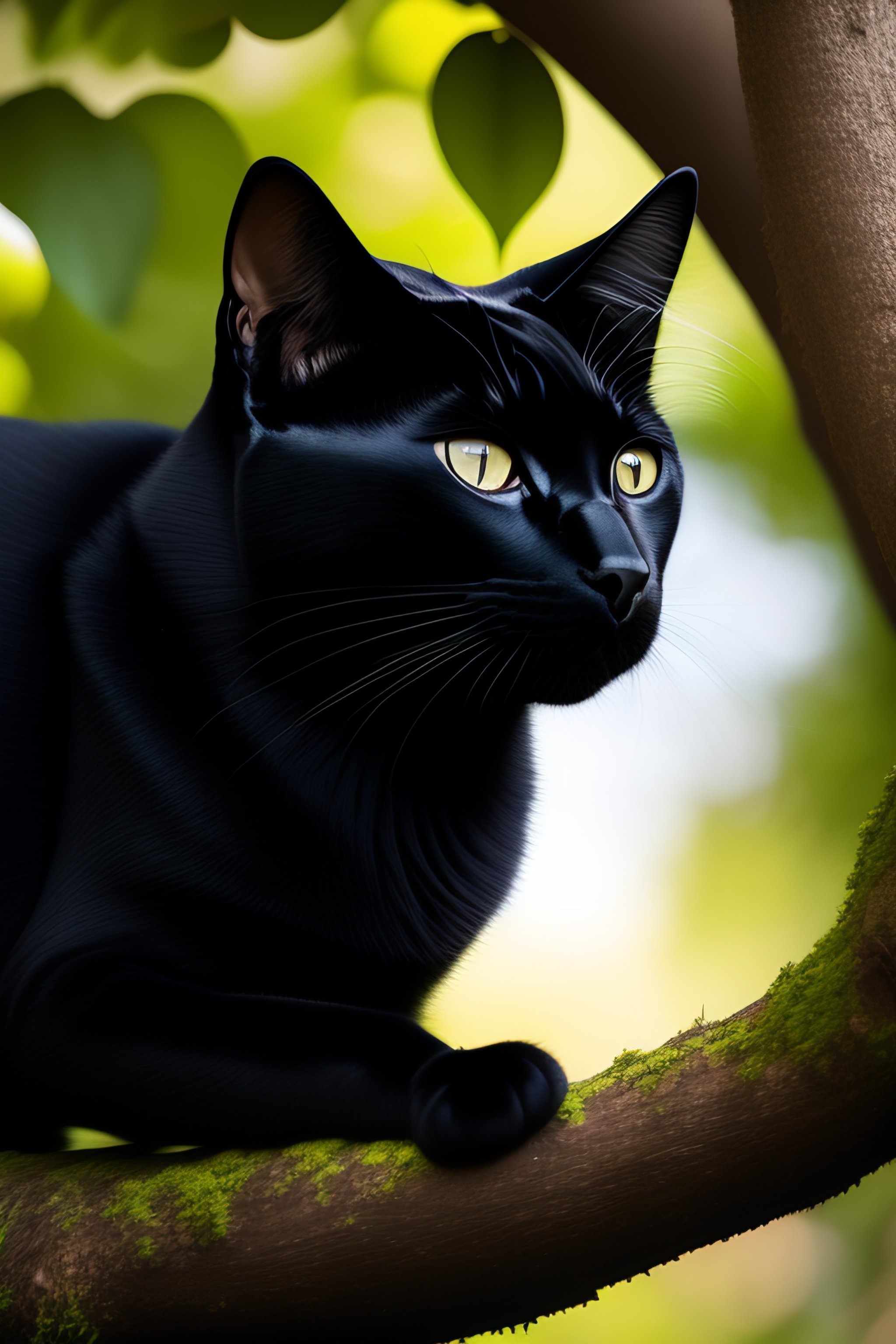 Lexica - Picture of a black cat looking scared in a tree