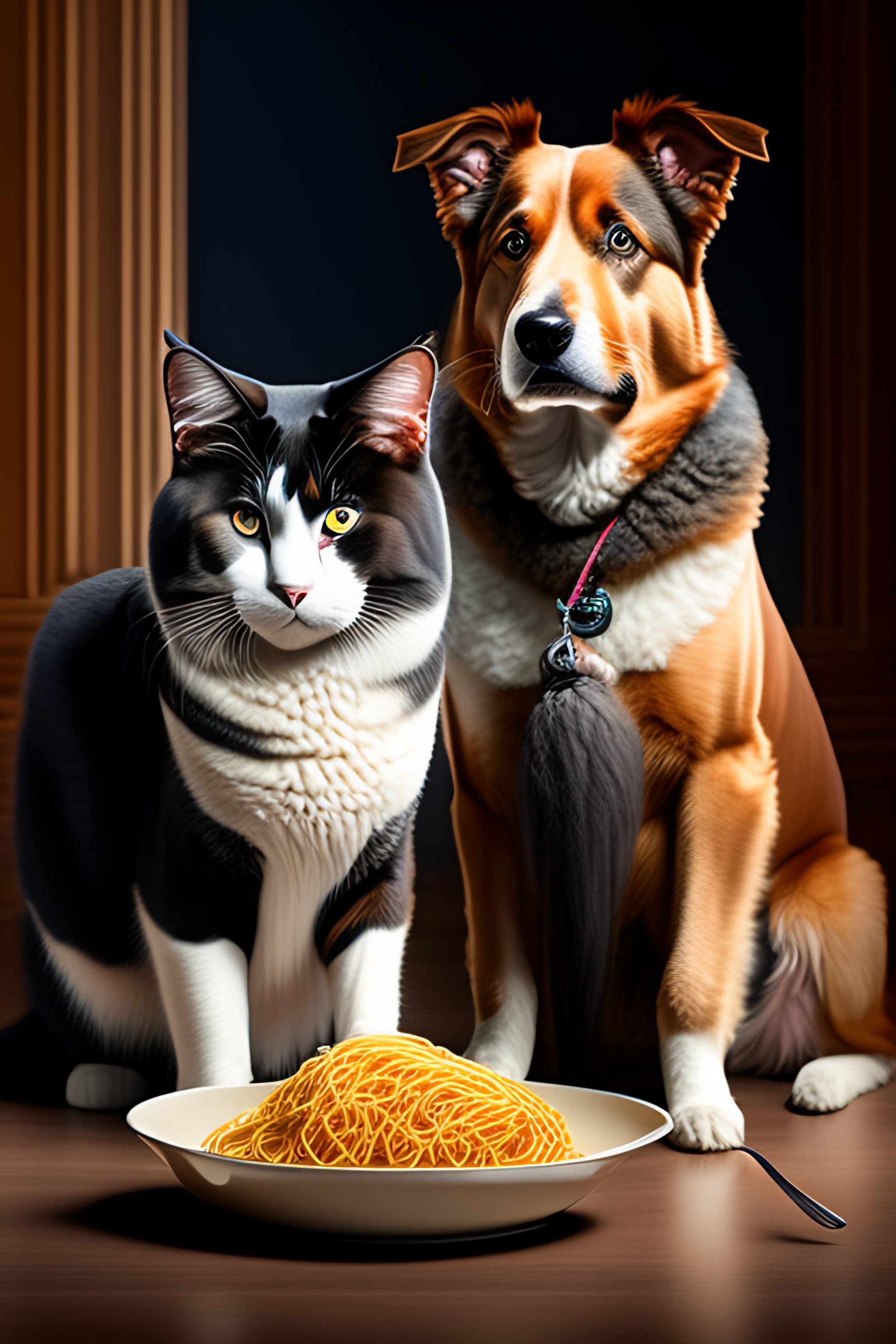 Lexica - Brown curly Sheppard dog and gray cat are eating spaghetti ...