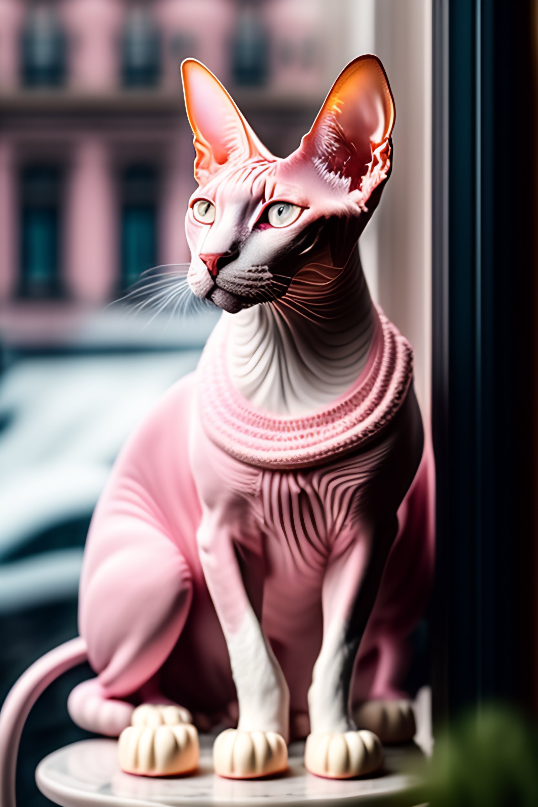 Lexica - Pastel pink sphynx sitting in a luxury cake cafe looking ...