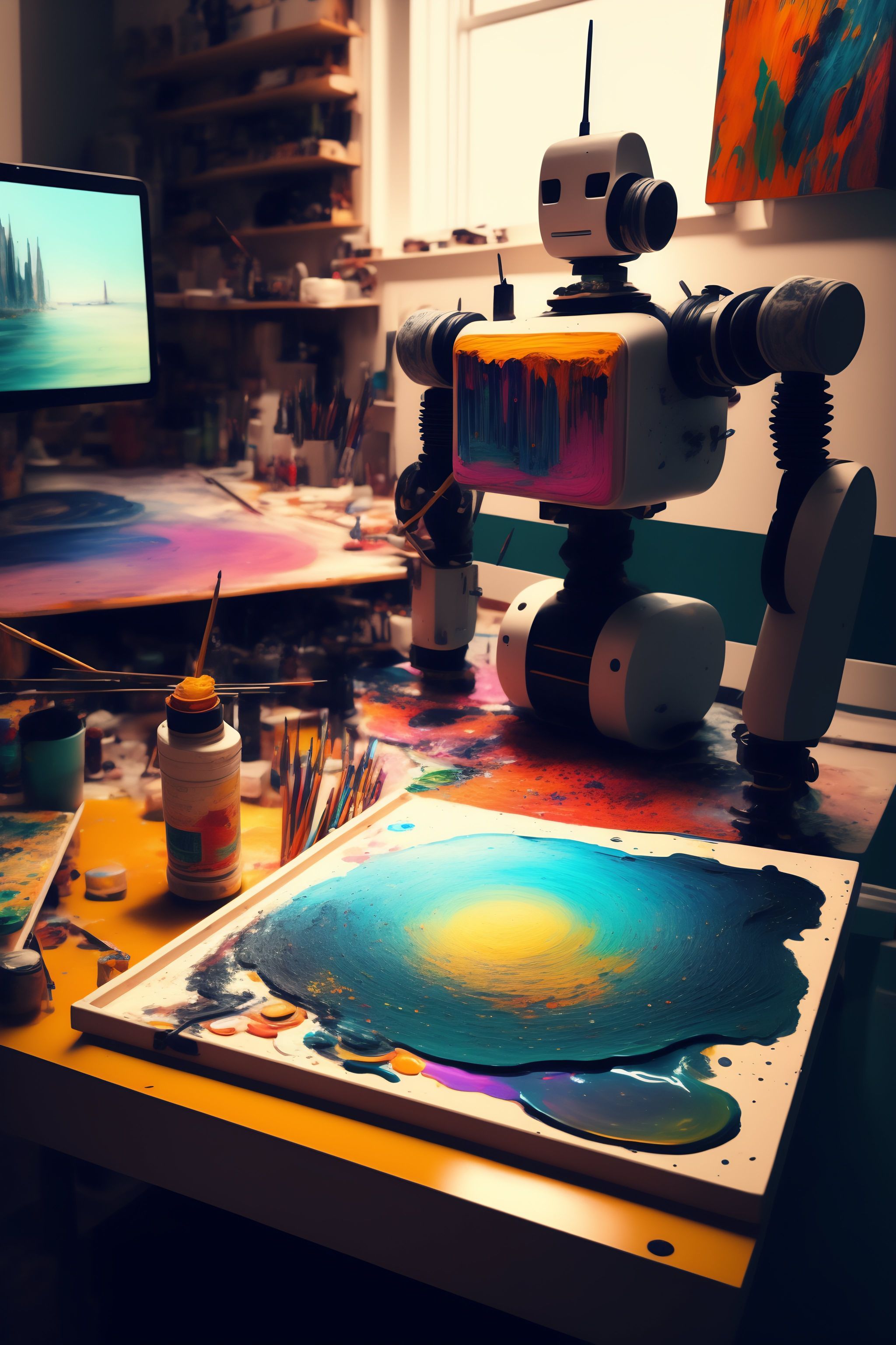 Lexica - A messy artist's workshop, inside is a robot painting a self ...