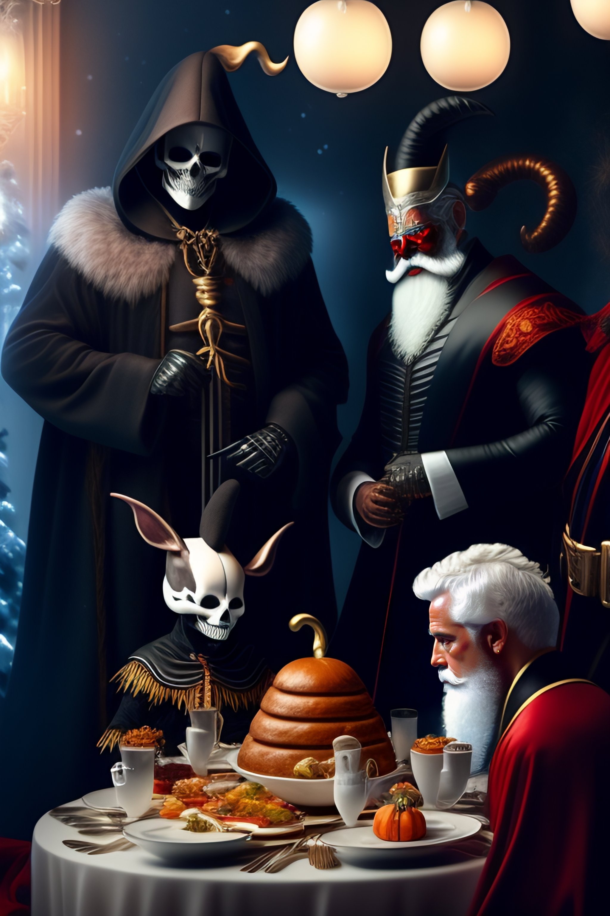 Lexica - Skeletal Grim Reaper in a dark robe, Santa Claus, Easter Bunny ...