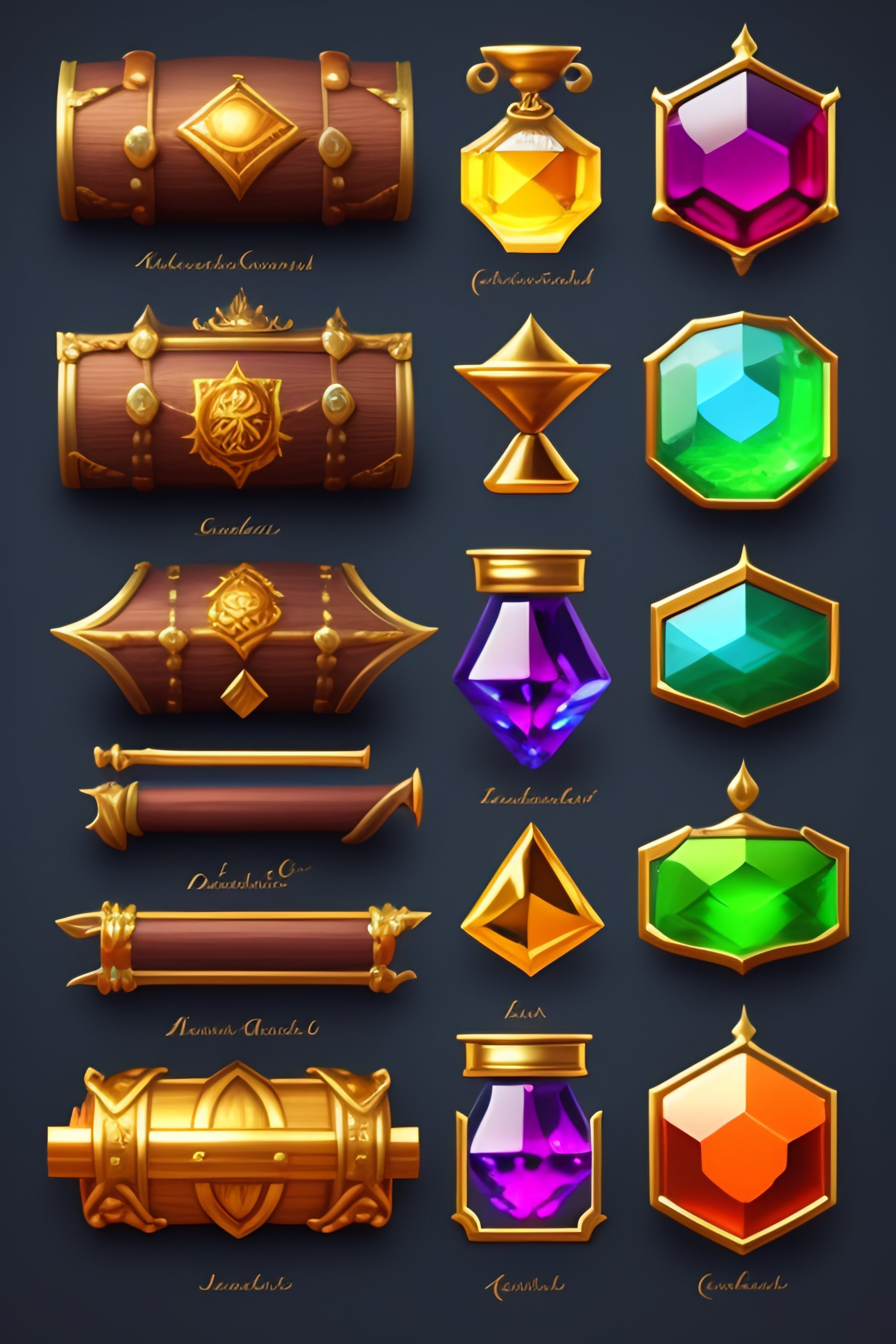 Lexica - Design sheet of various alchemist tools, magic gems, props