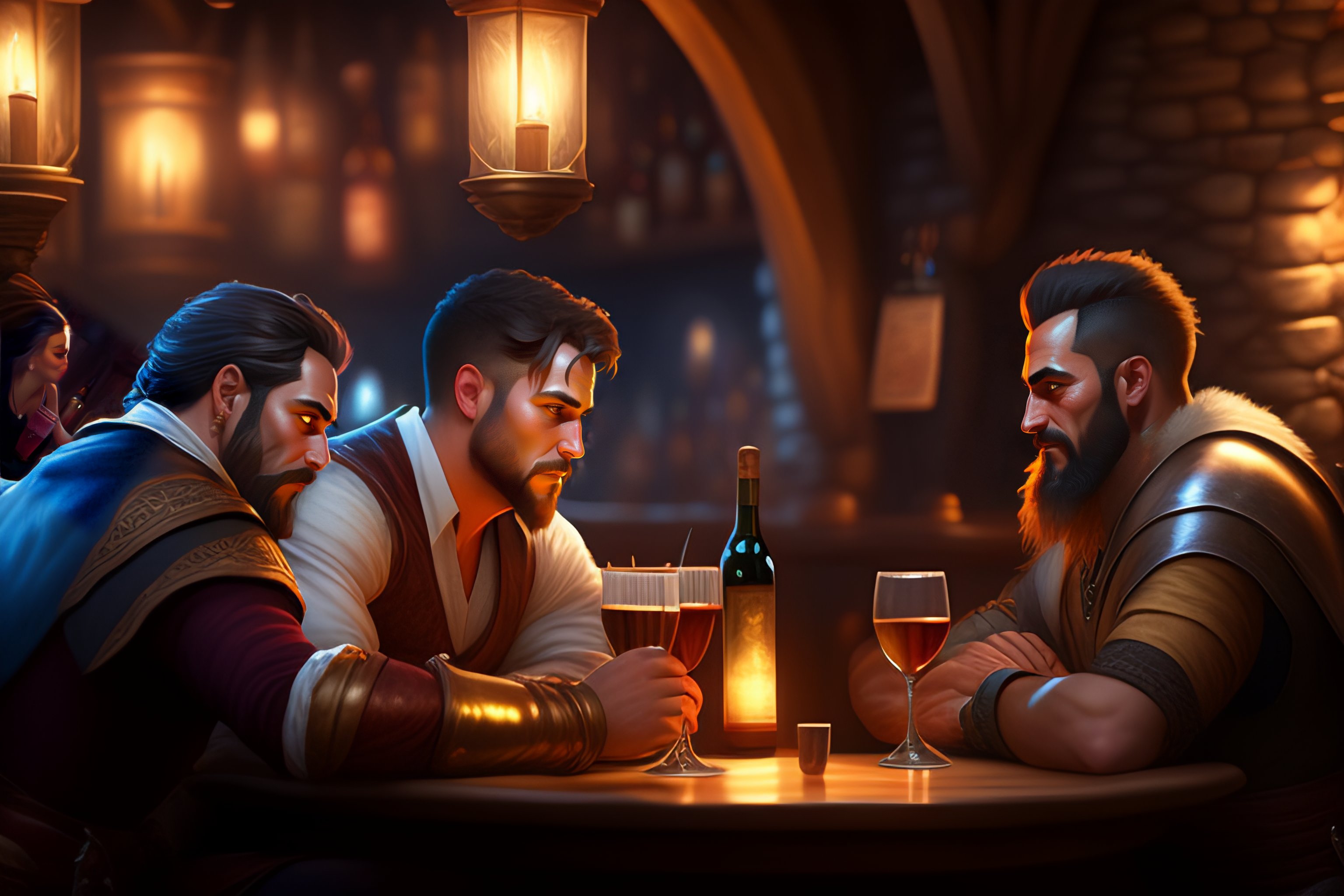 Lexica - 3 drunks at a table, interior tavern, medieval, high fantasy ...