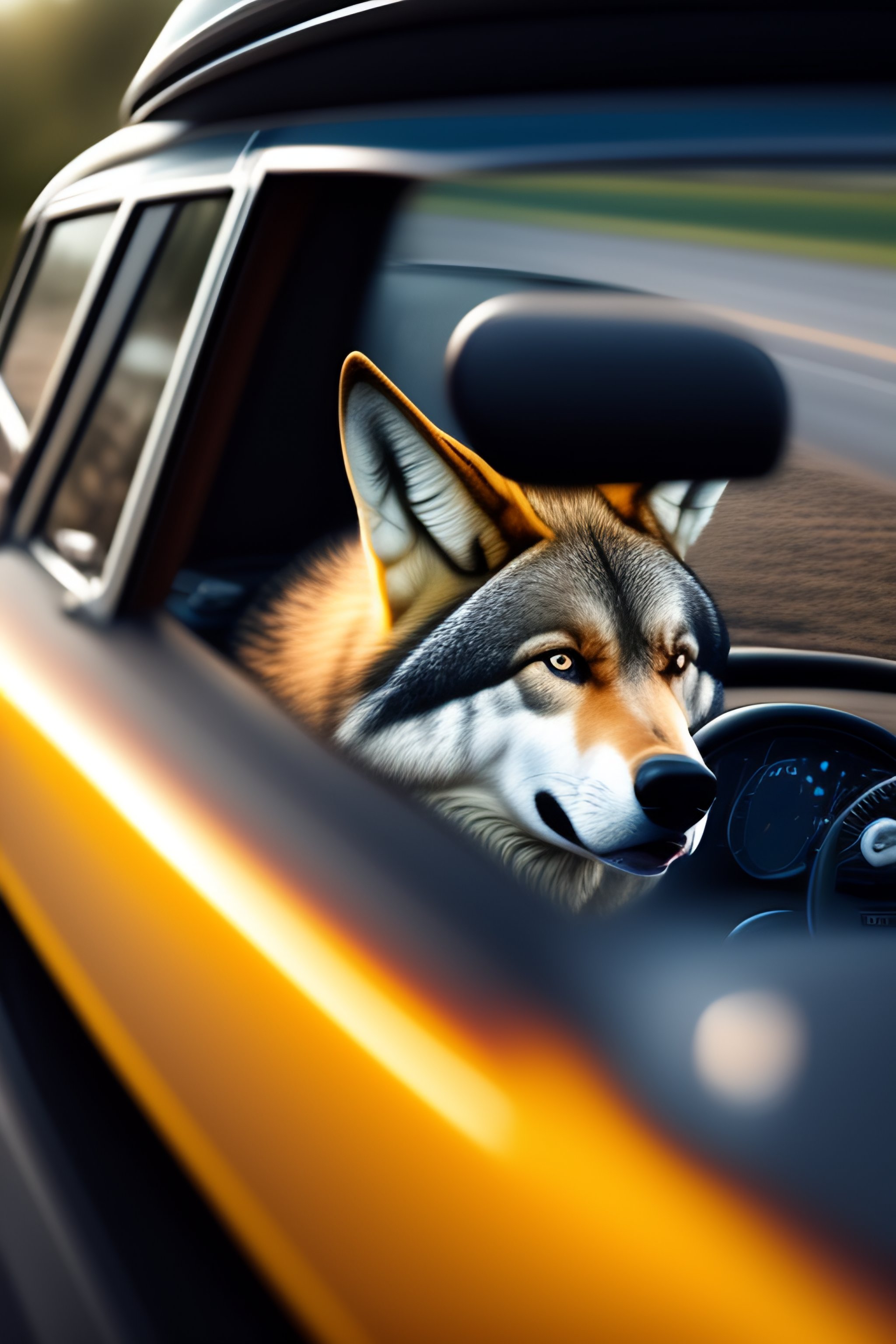 Lexica - An antropomorphic caricature wolf driving inside a car,