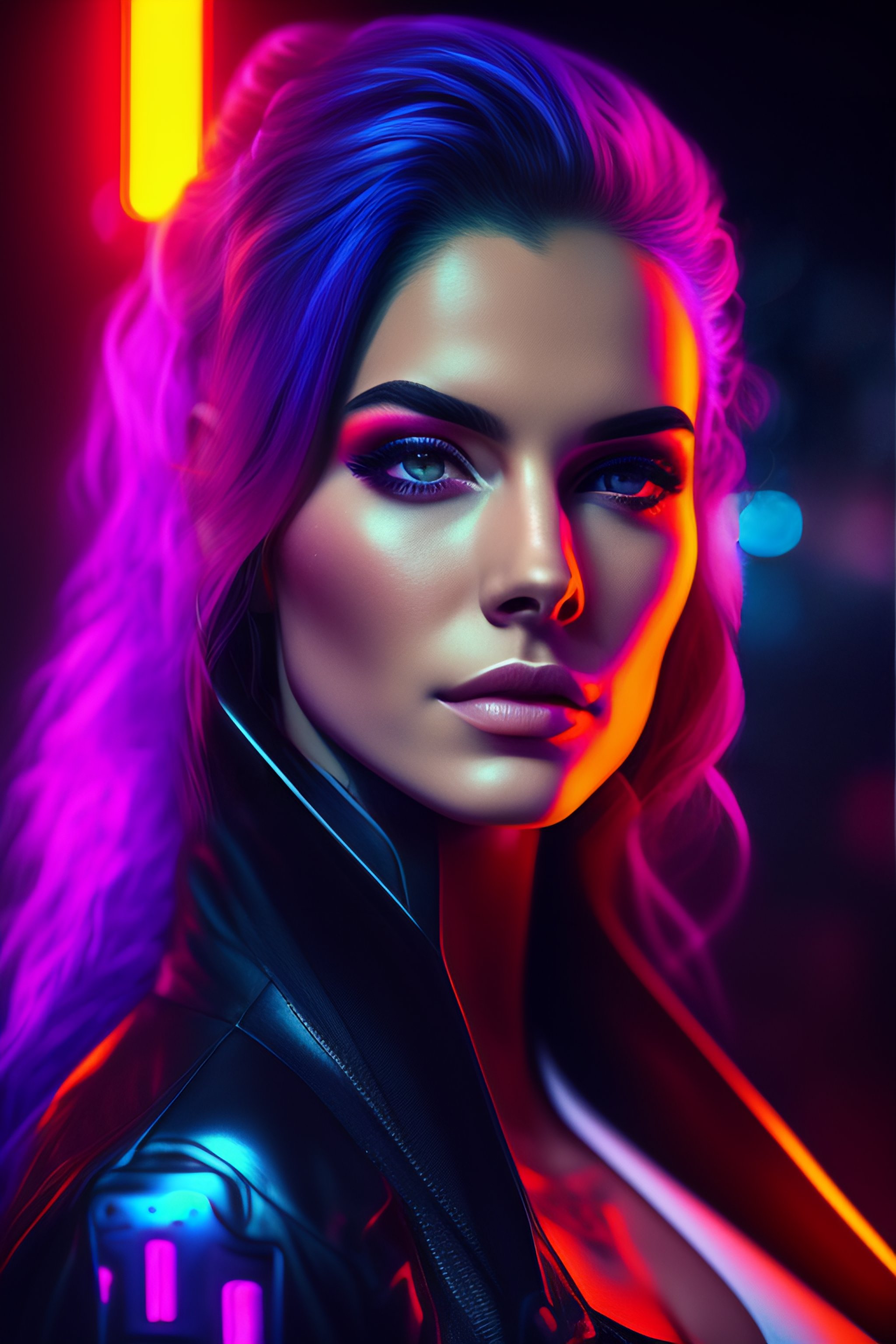 Lexica - Female, cyberpunk, futuristic, neon lights, portrait