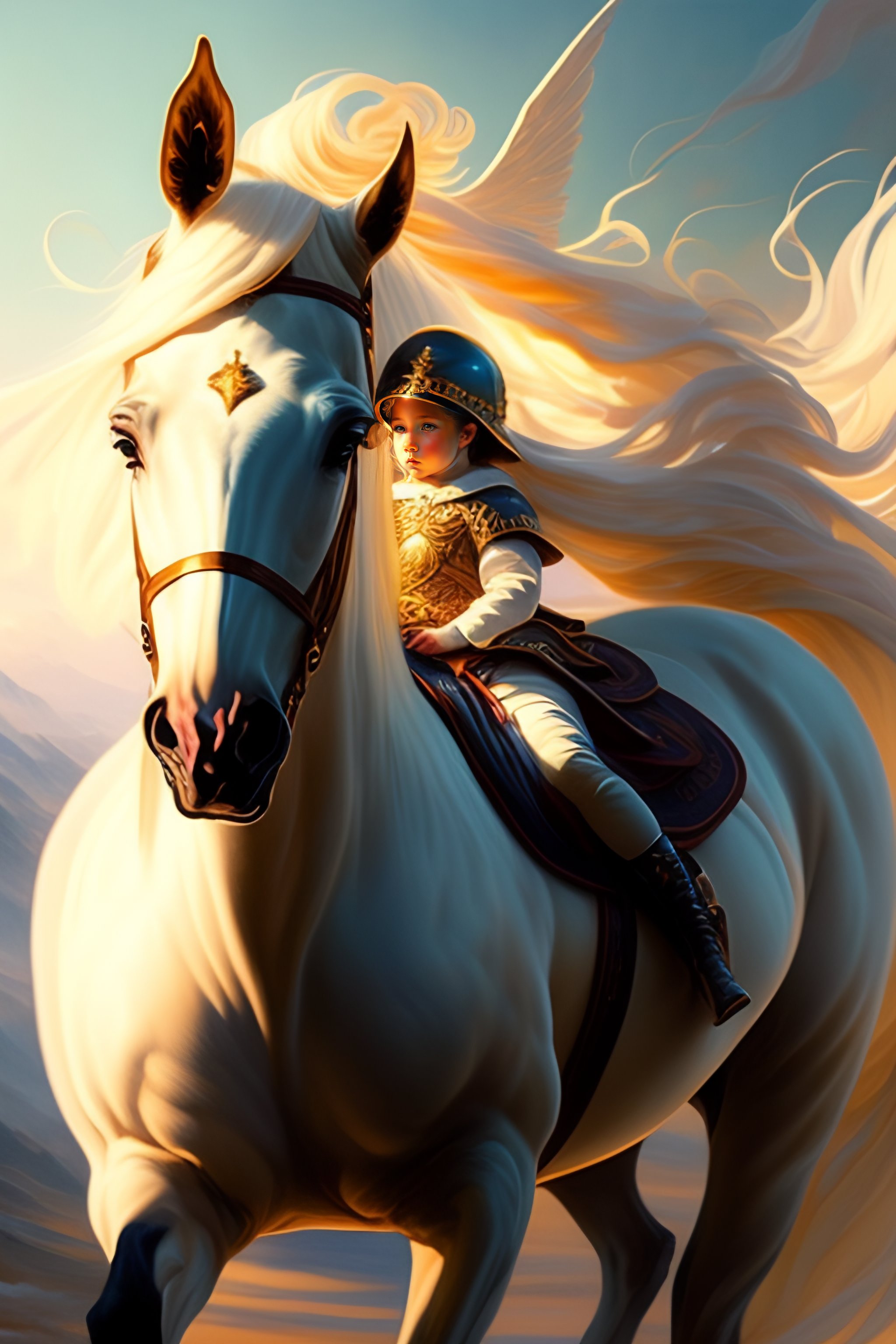 Lexica - The sun shining and a cherub riding a white horse. Art by greg ...