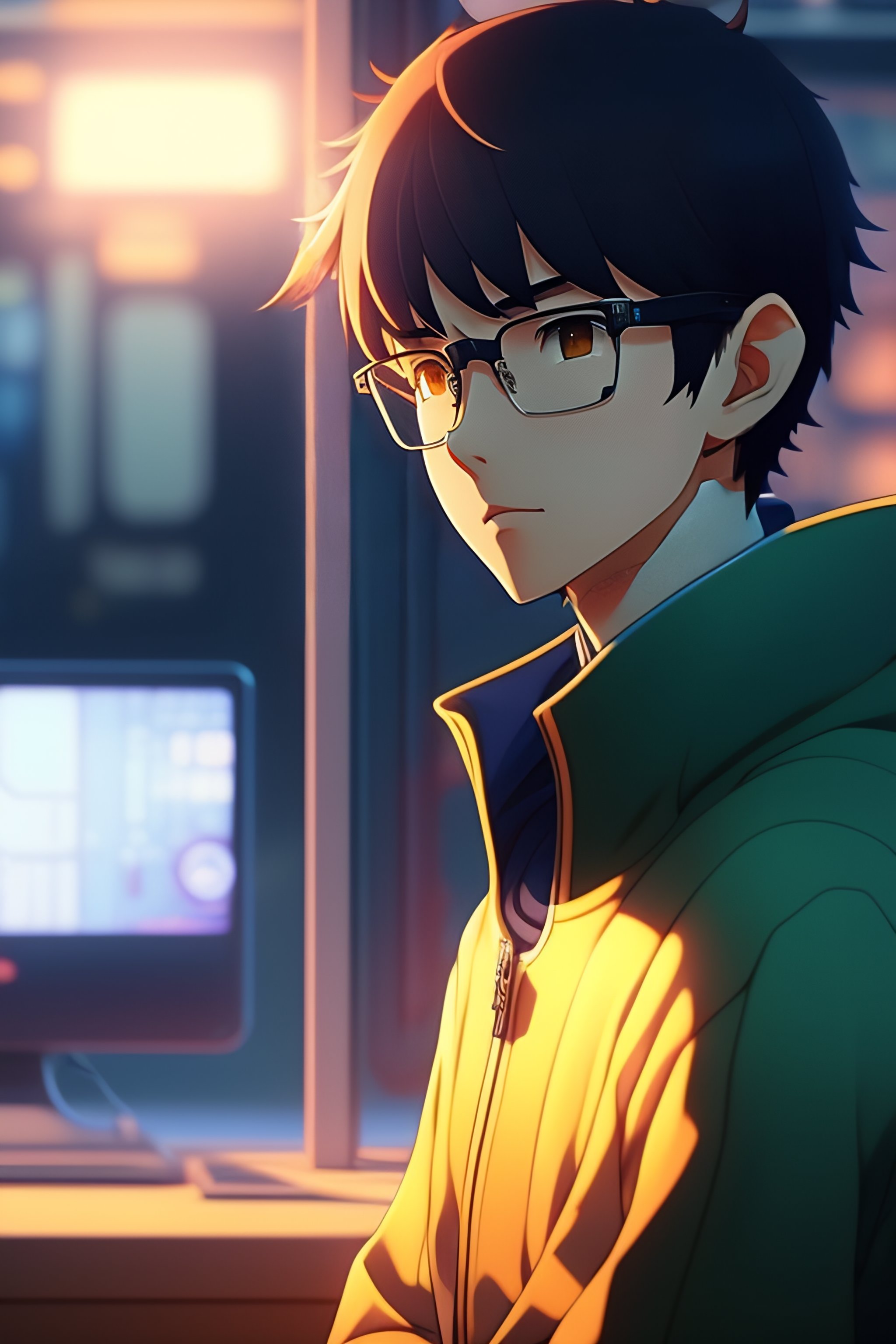 Lexica - A nerdy anime boy is thinking in a room full of gadgets, by ...