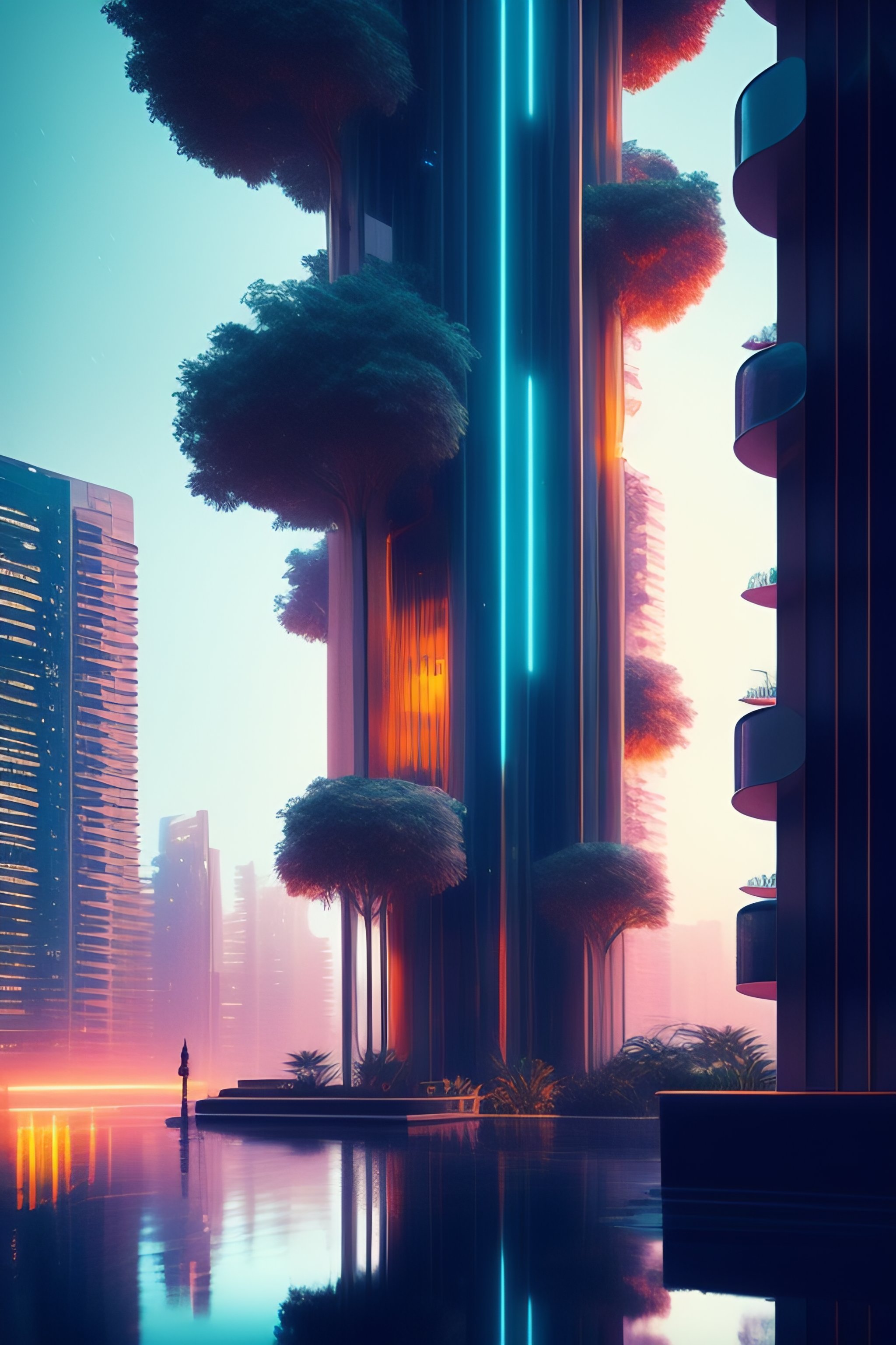 Lexica - Slow shutter speed photo of a cyberpunk city, tree, water ...