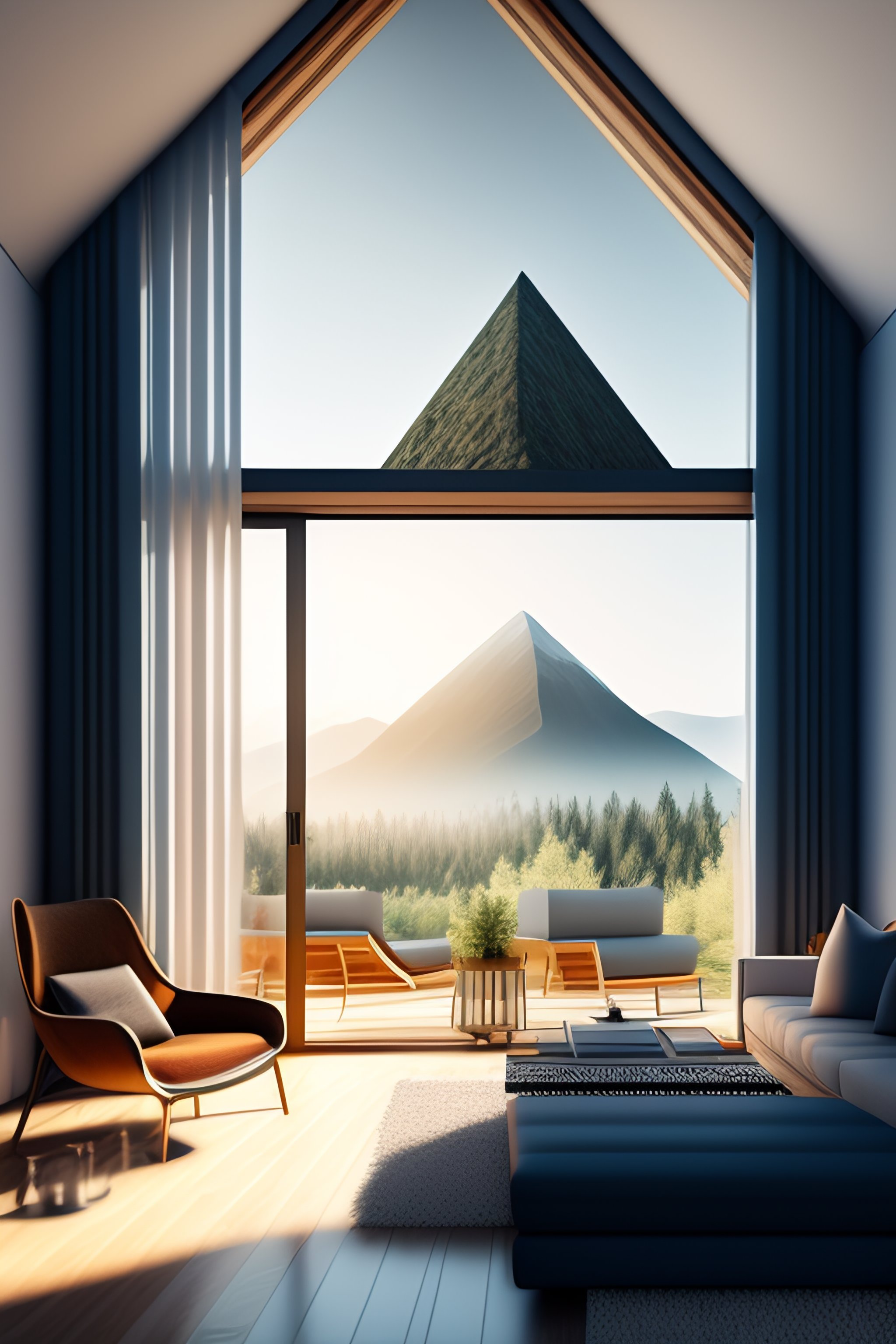 Lexica - Realistic, modern living room with big triangle windows and a ...