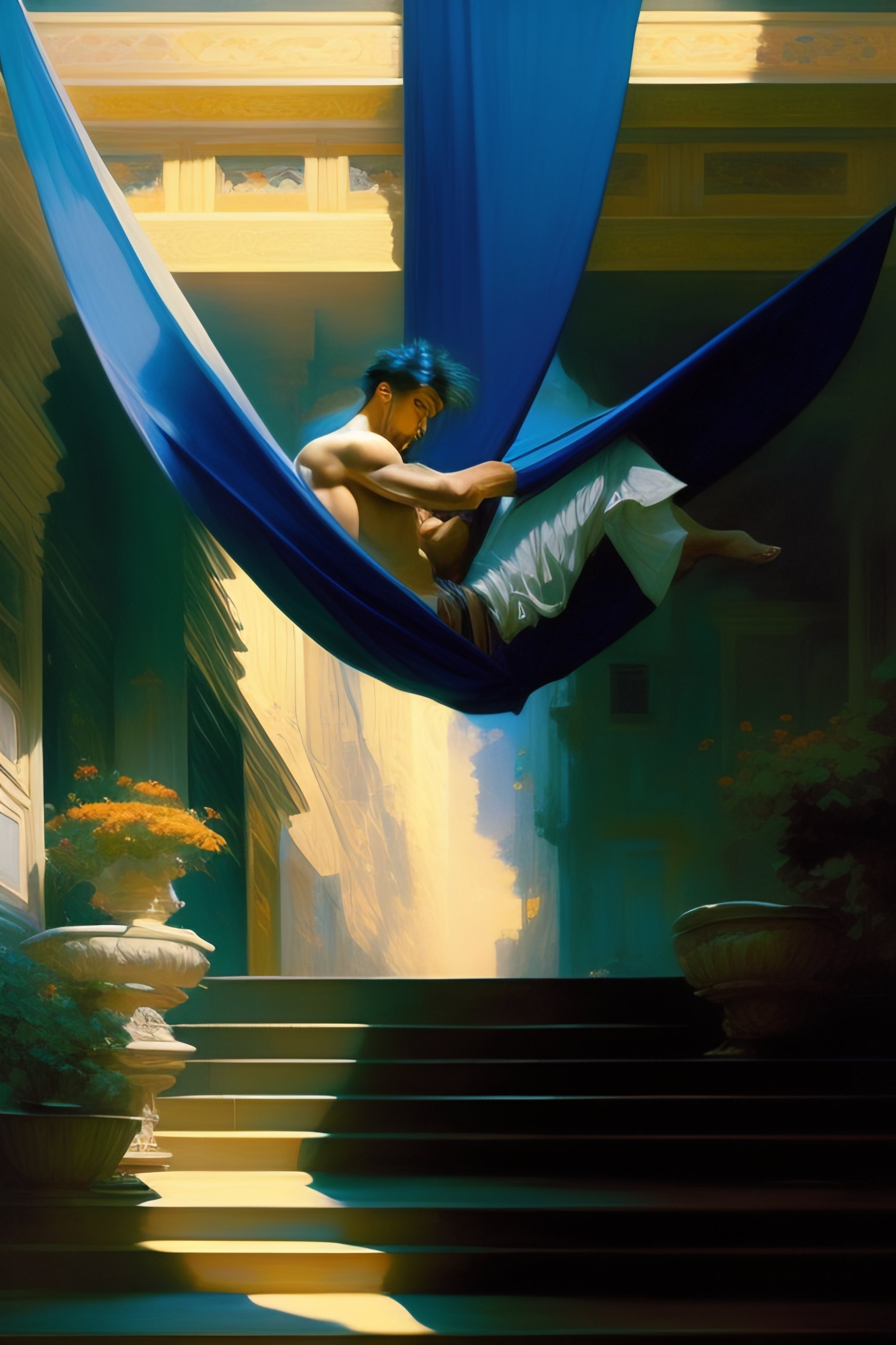 Lexica - A man with a blue robe hanging upside-down FROM THE ROOF by tsuyoshi nagano, greg ...
