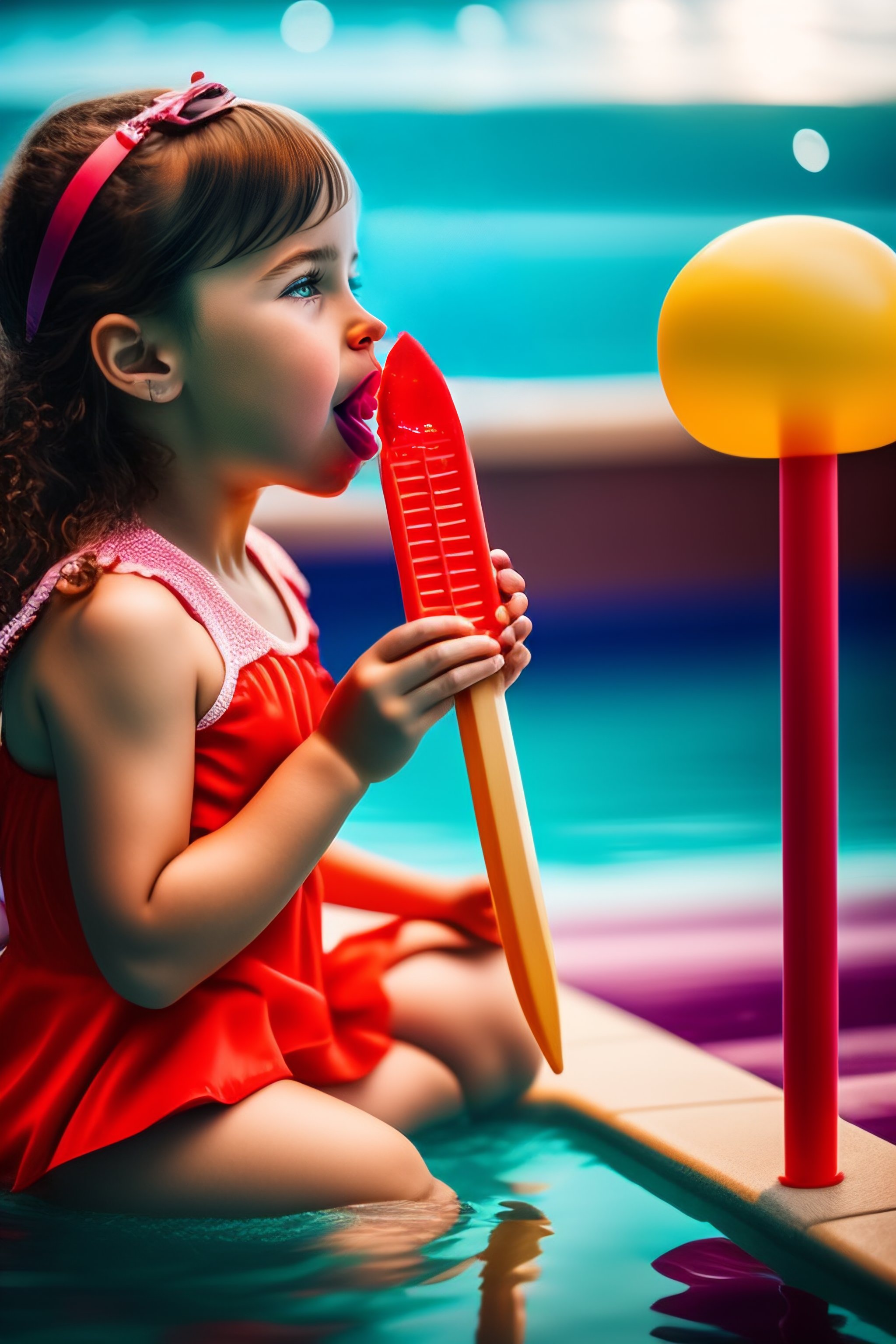 Lexica - 7 year old European school girl, next to a swimming pool ...