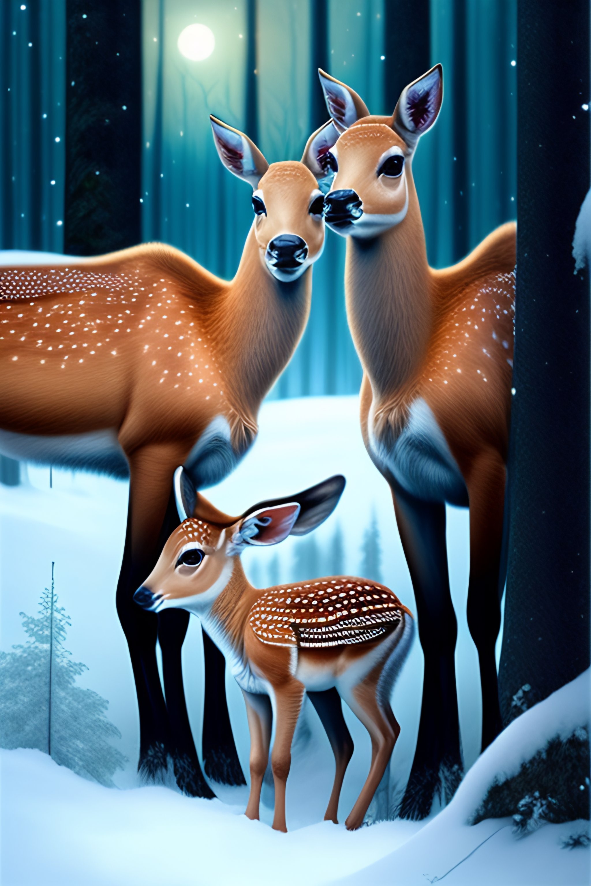 Lexica - Twin girls and fawn in moonlit snowy forest by Ray Caesar