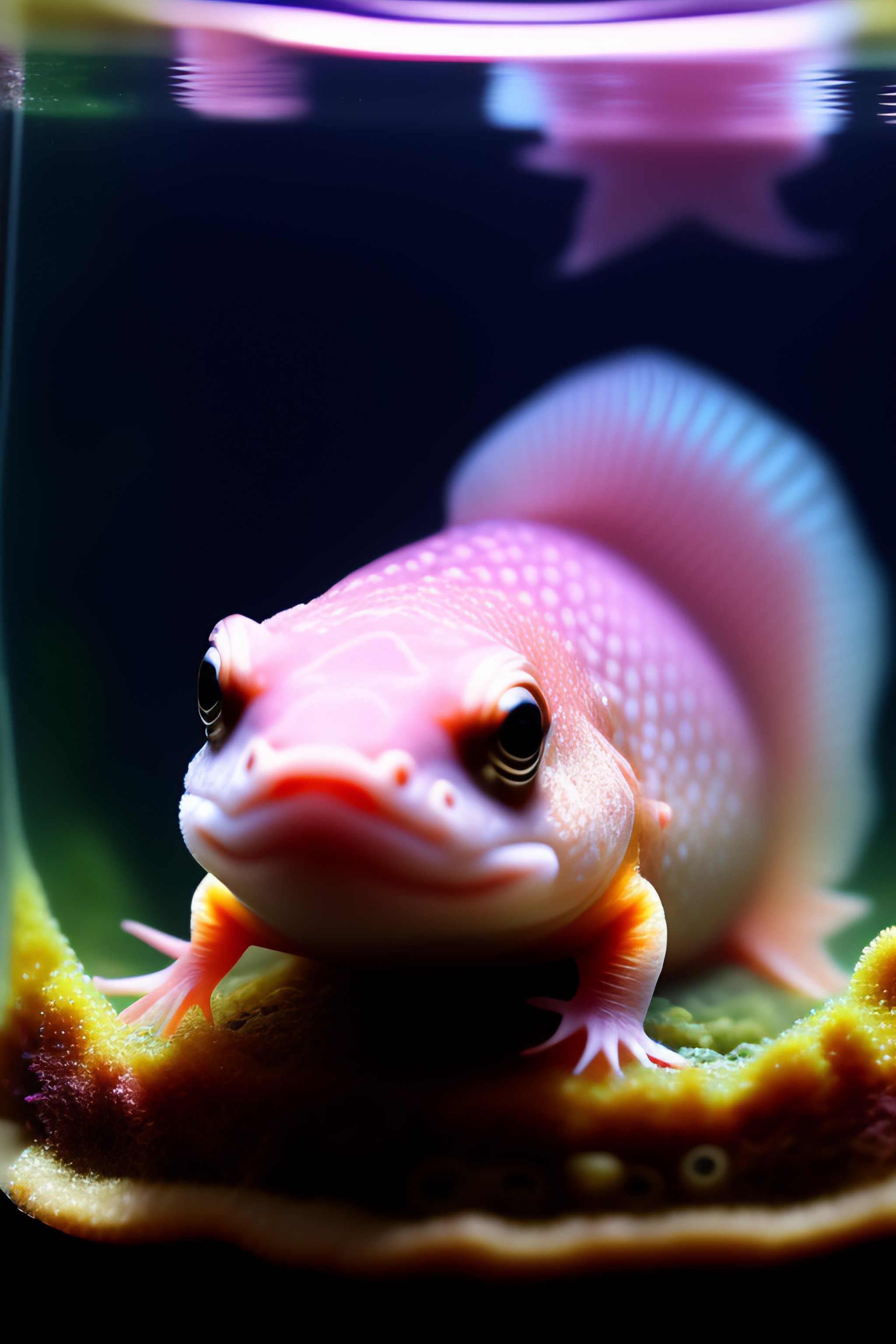 Lexica - A cute little axolotl in a small circular fish tank.