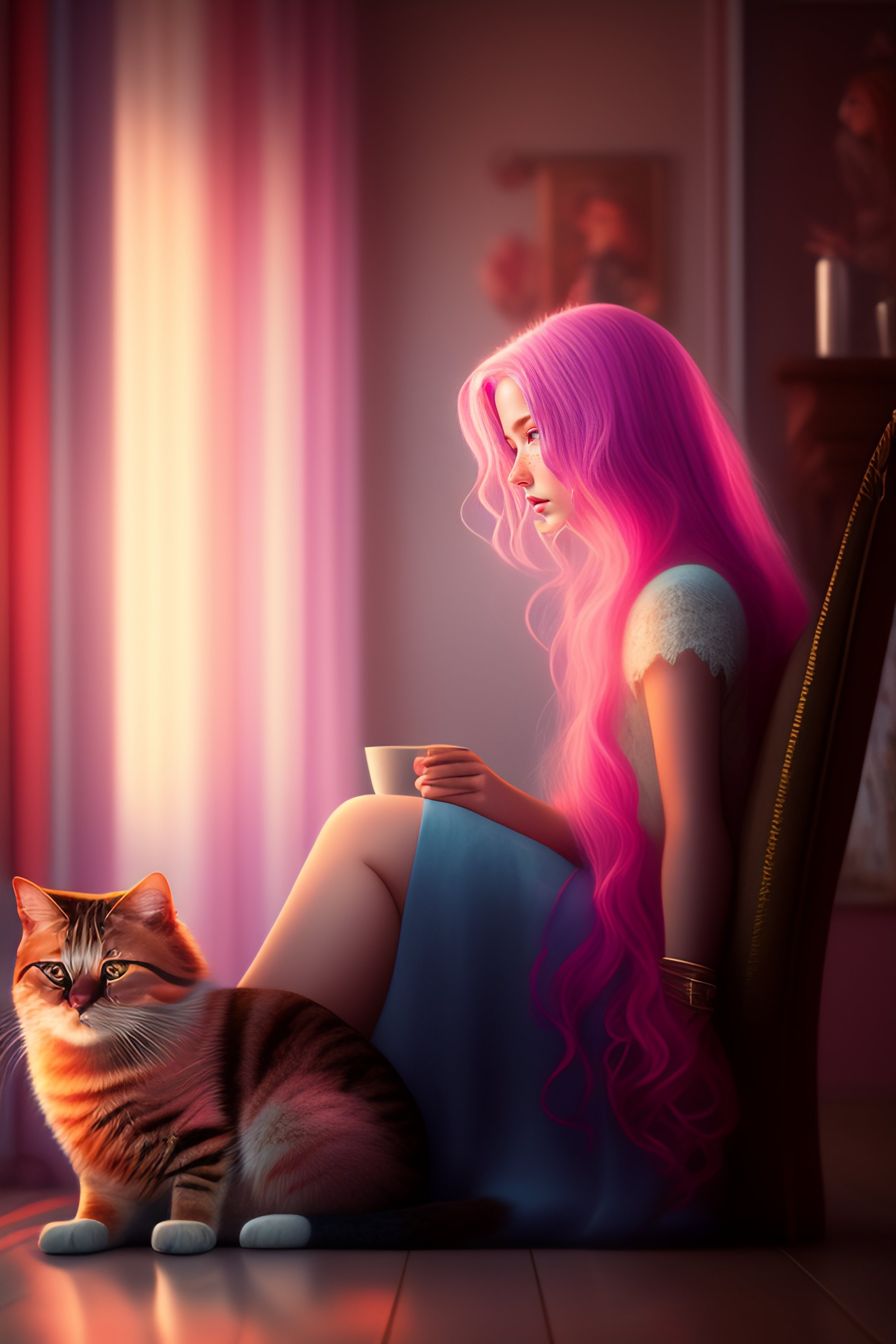Lexica - A girl with pink hair is sitting in a chair and a cat is ...
