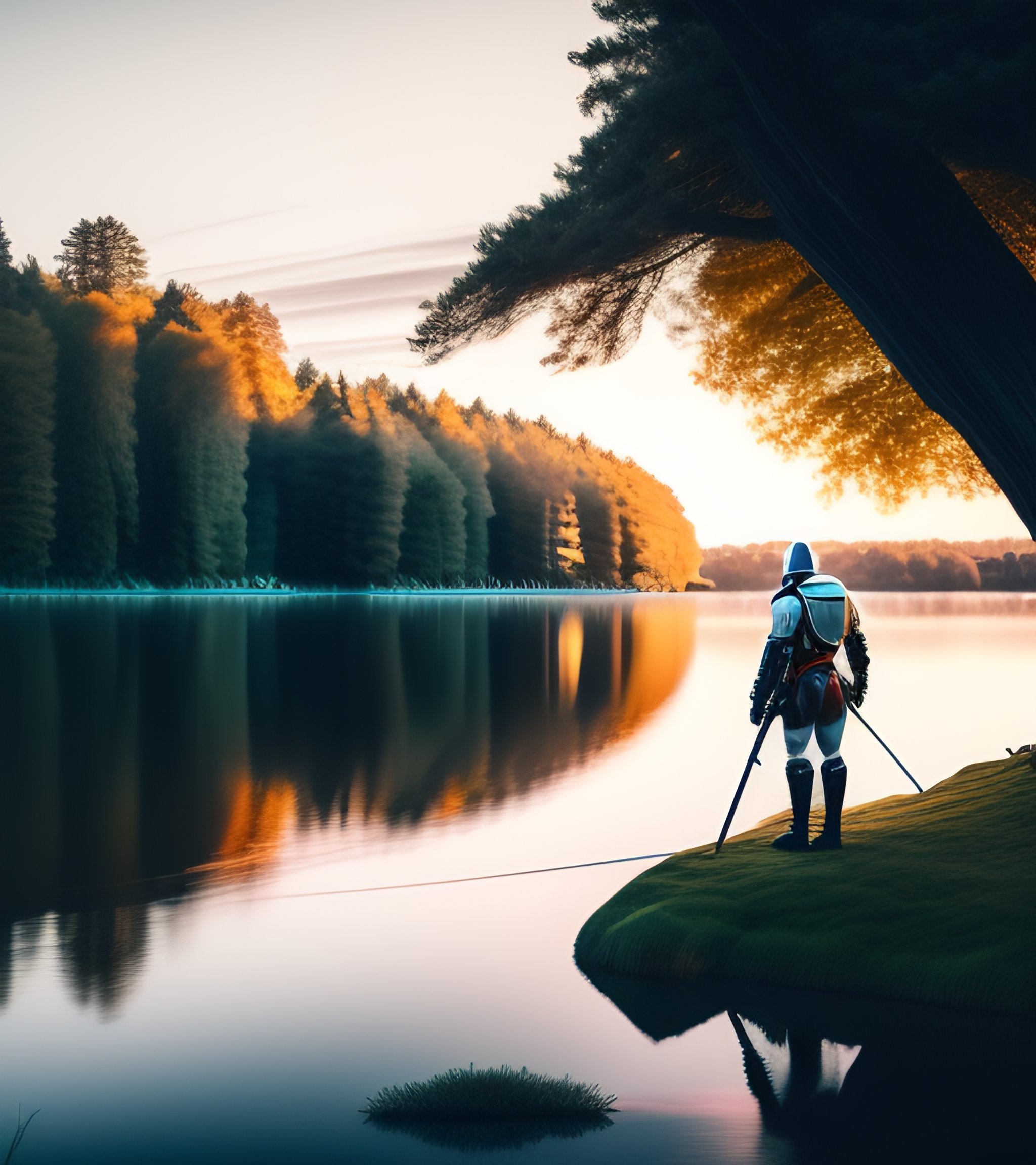 Lexica - Strong white knight fighting devil by the lake, james paick and beeple, imax quality ...