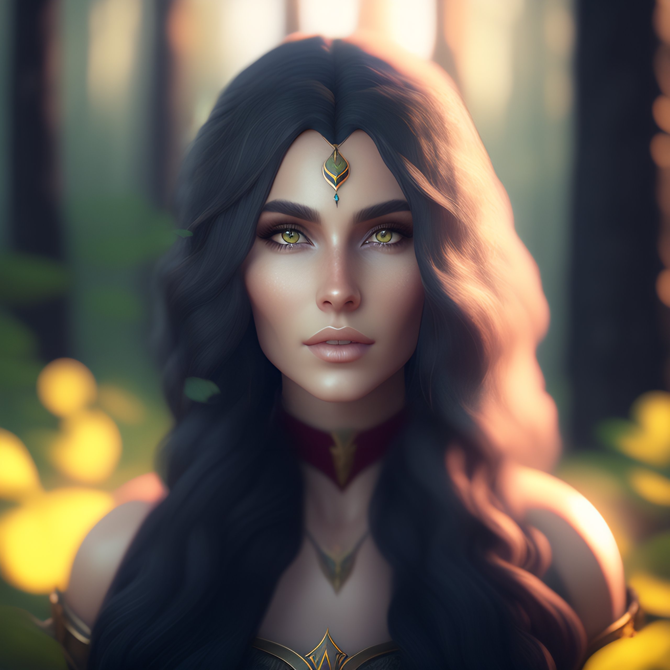 Lexica - Fantasy, elf girl, lynx, lush dark wavy hair, gray eyes ...