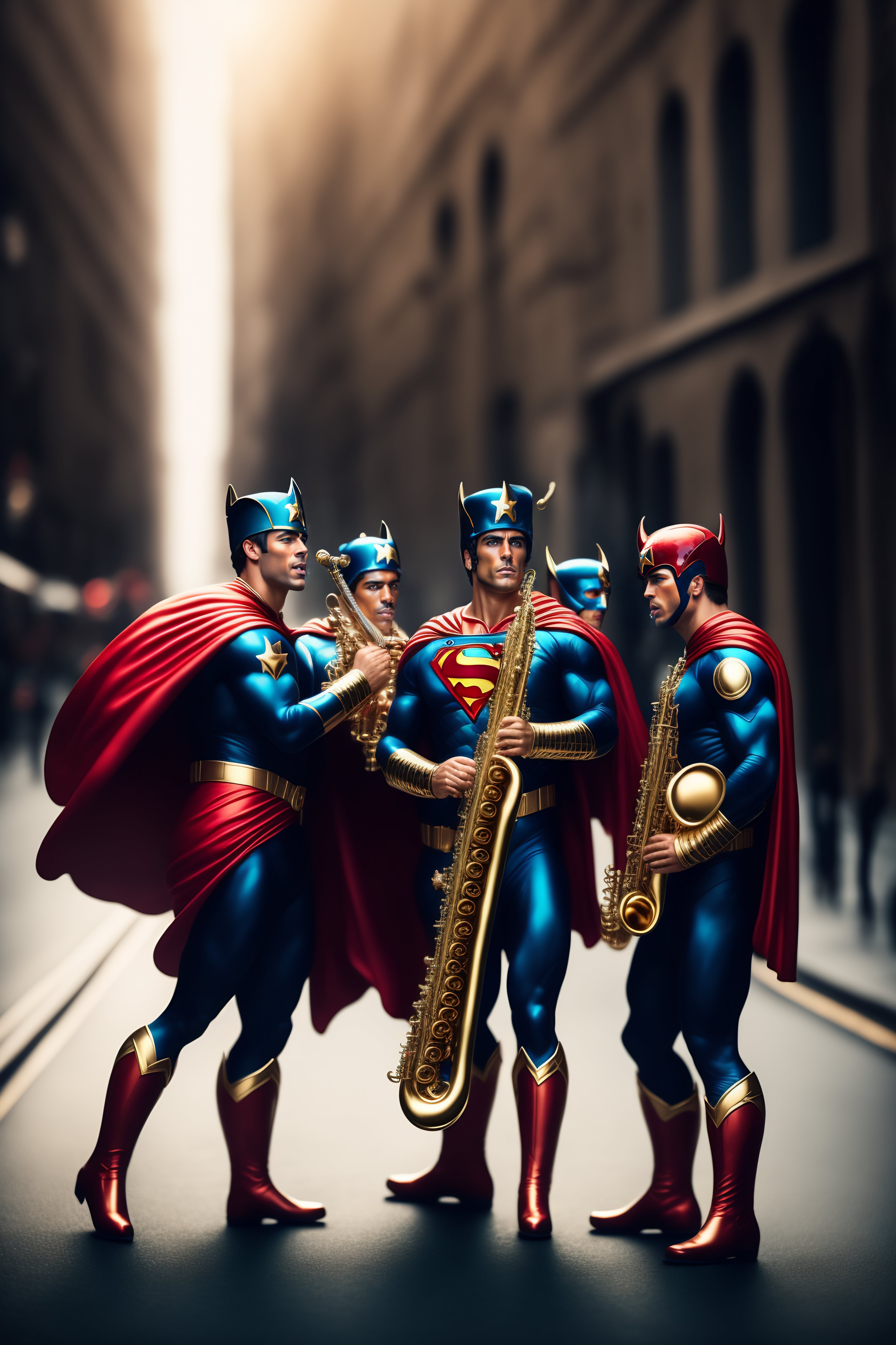 Lexica - Photo of four superheroes playing saxophone in the streets