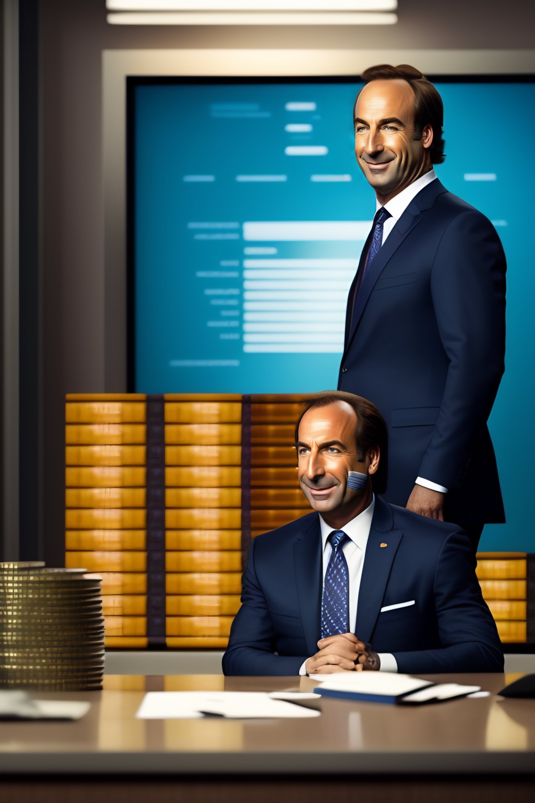 Lexica - Saul Goodman talking to the camera with money in office ...