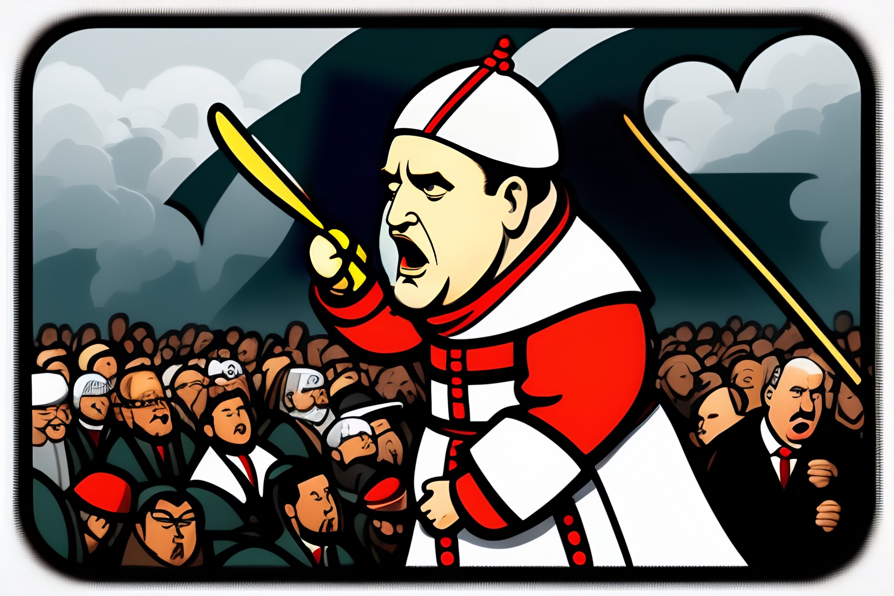 Lexica - Pope Benoit XVI fighting skulls in cartoon style