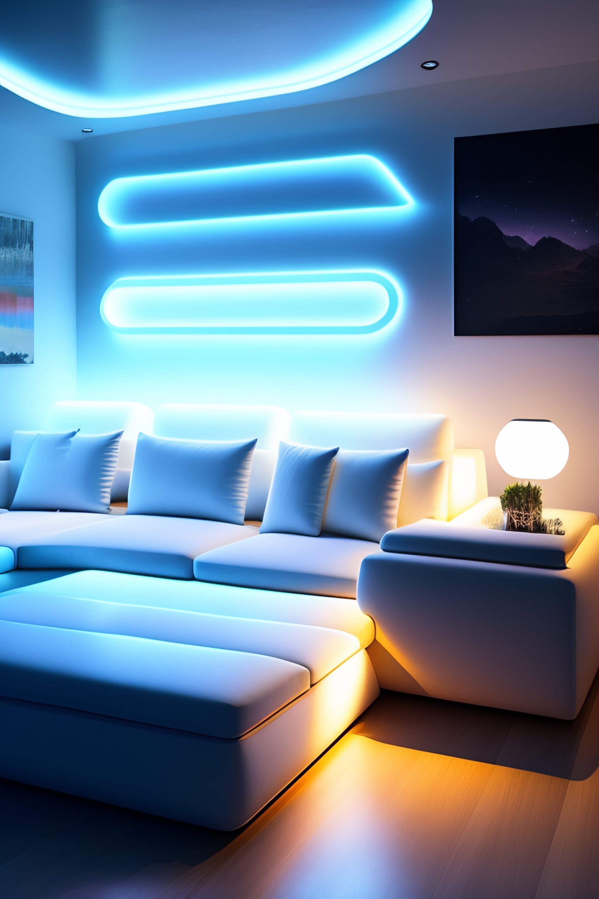 Lexica - Interior house futuristic white nature neon lights big sofa