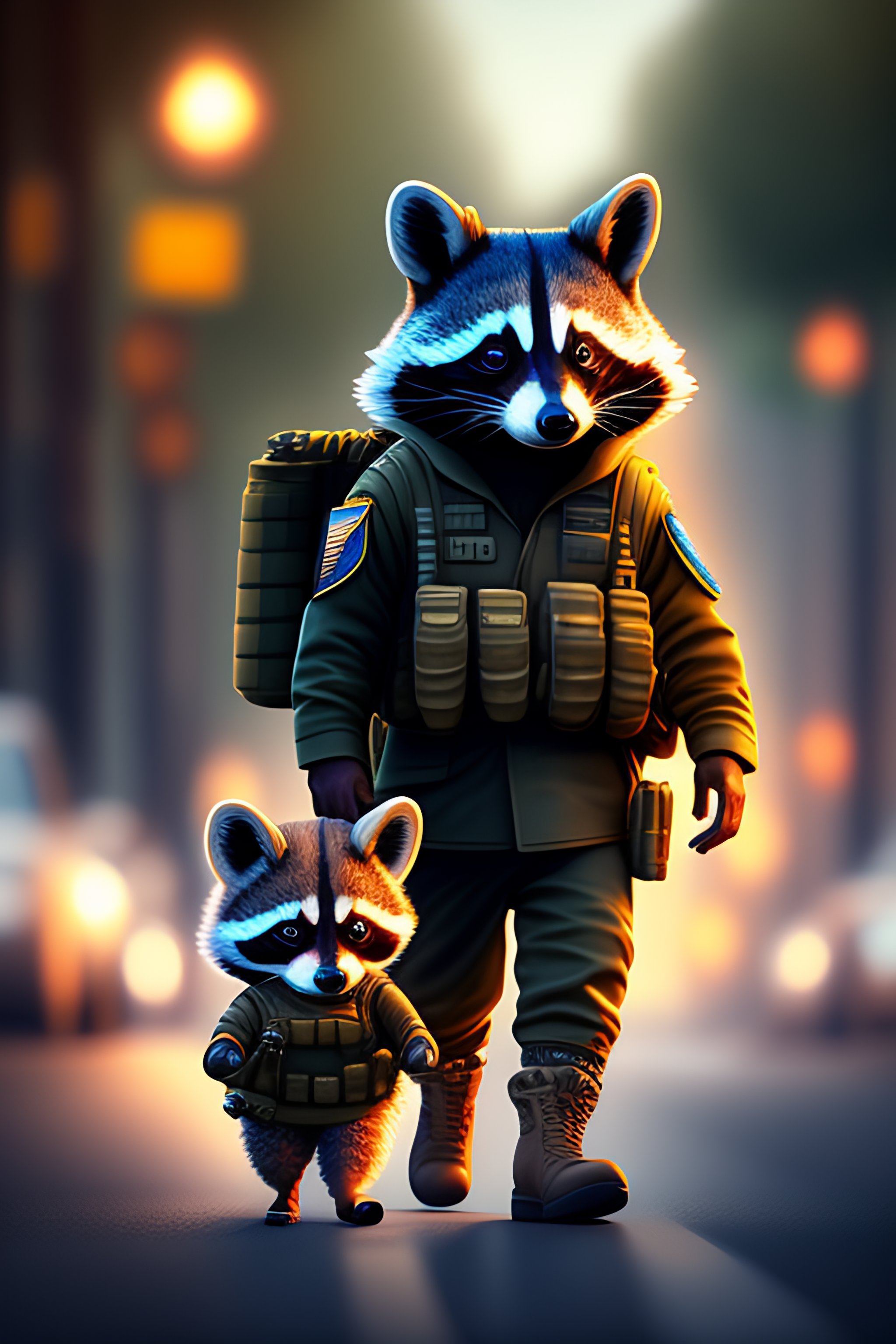 Lexica - A military raccoon with a machine gun walking with a baby by ...