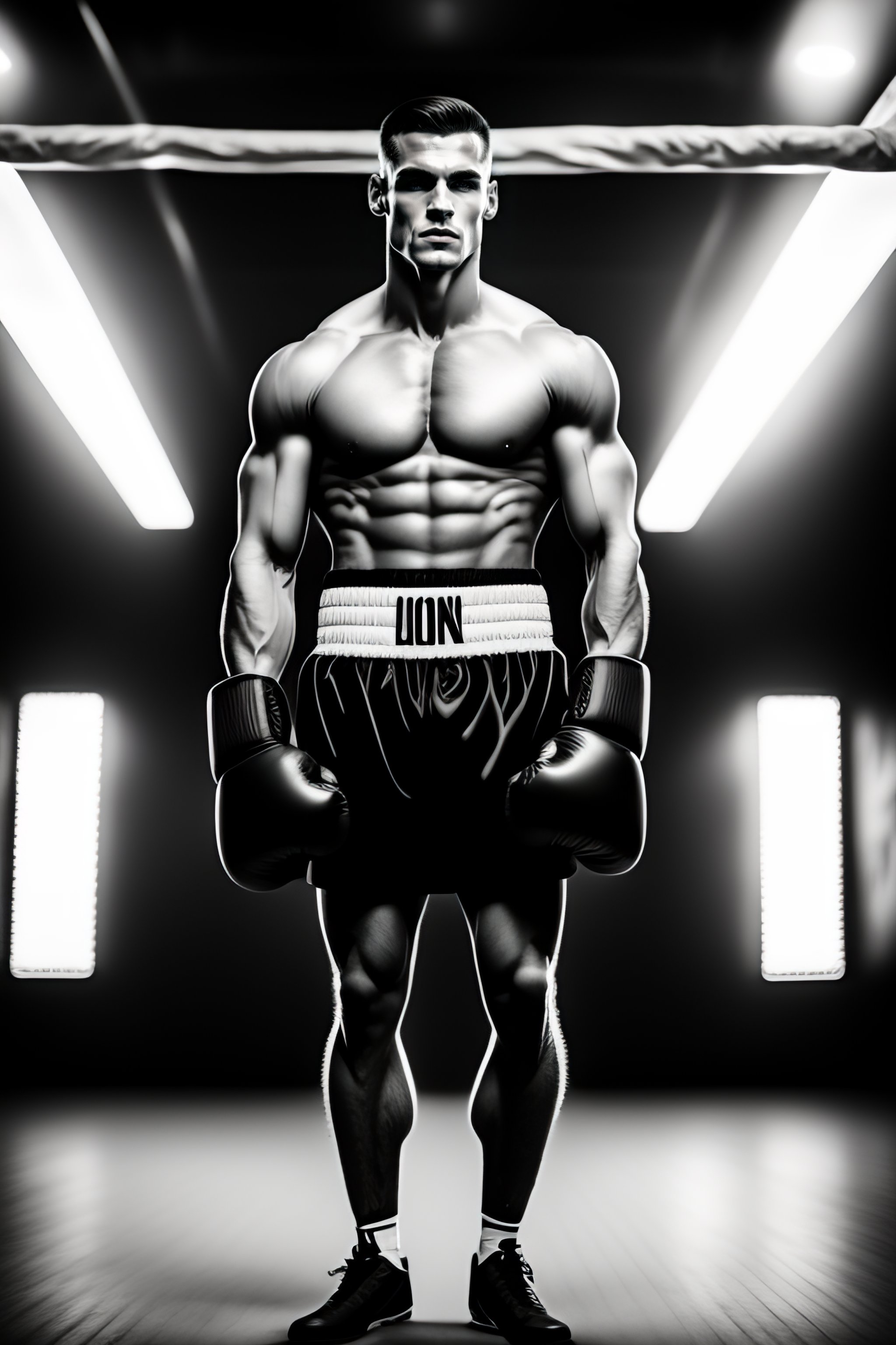 Lexica - Slim blue eyed man with short haircut , in black boxing trunks ...