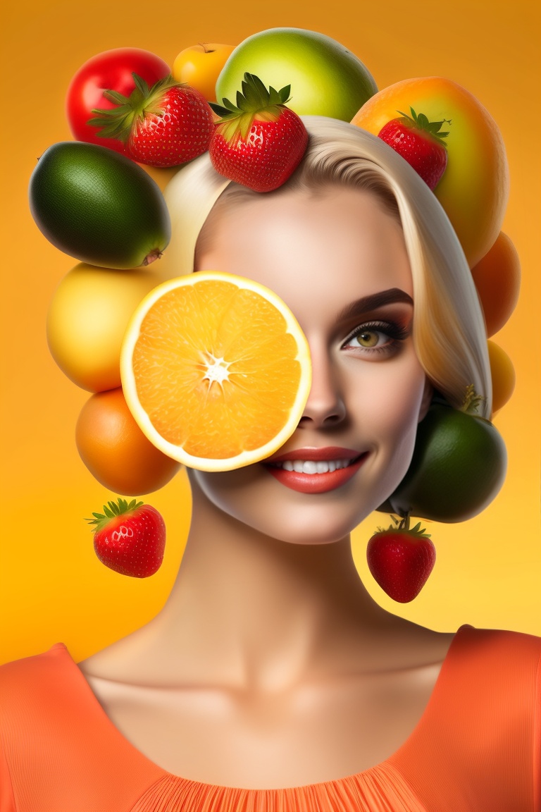 Lexica - White girl model with fruits in hair, expressive look, on a ...