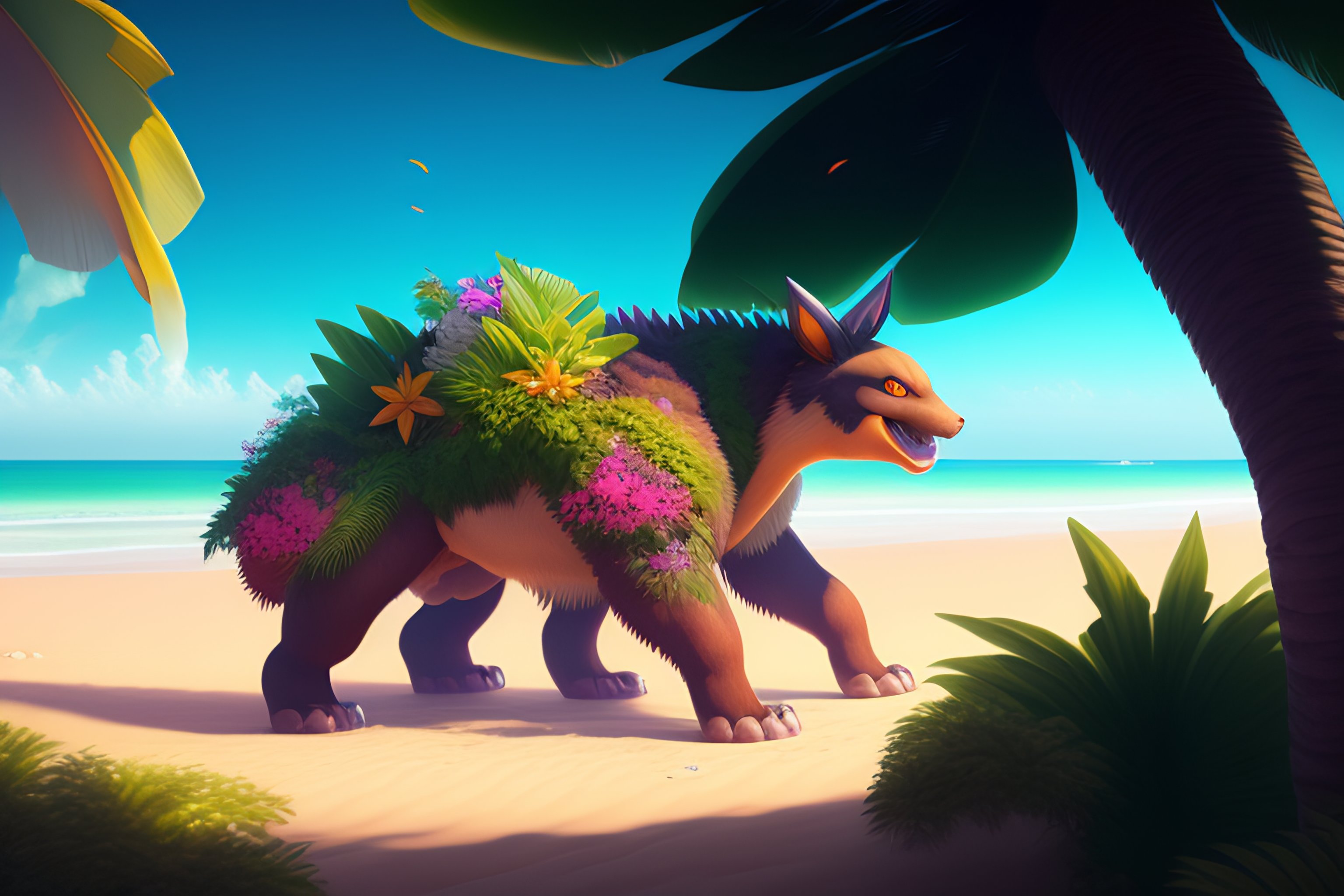 Lexica - Giant pokemon monster creature on tropical beach sand ...