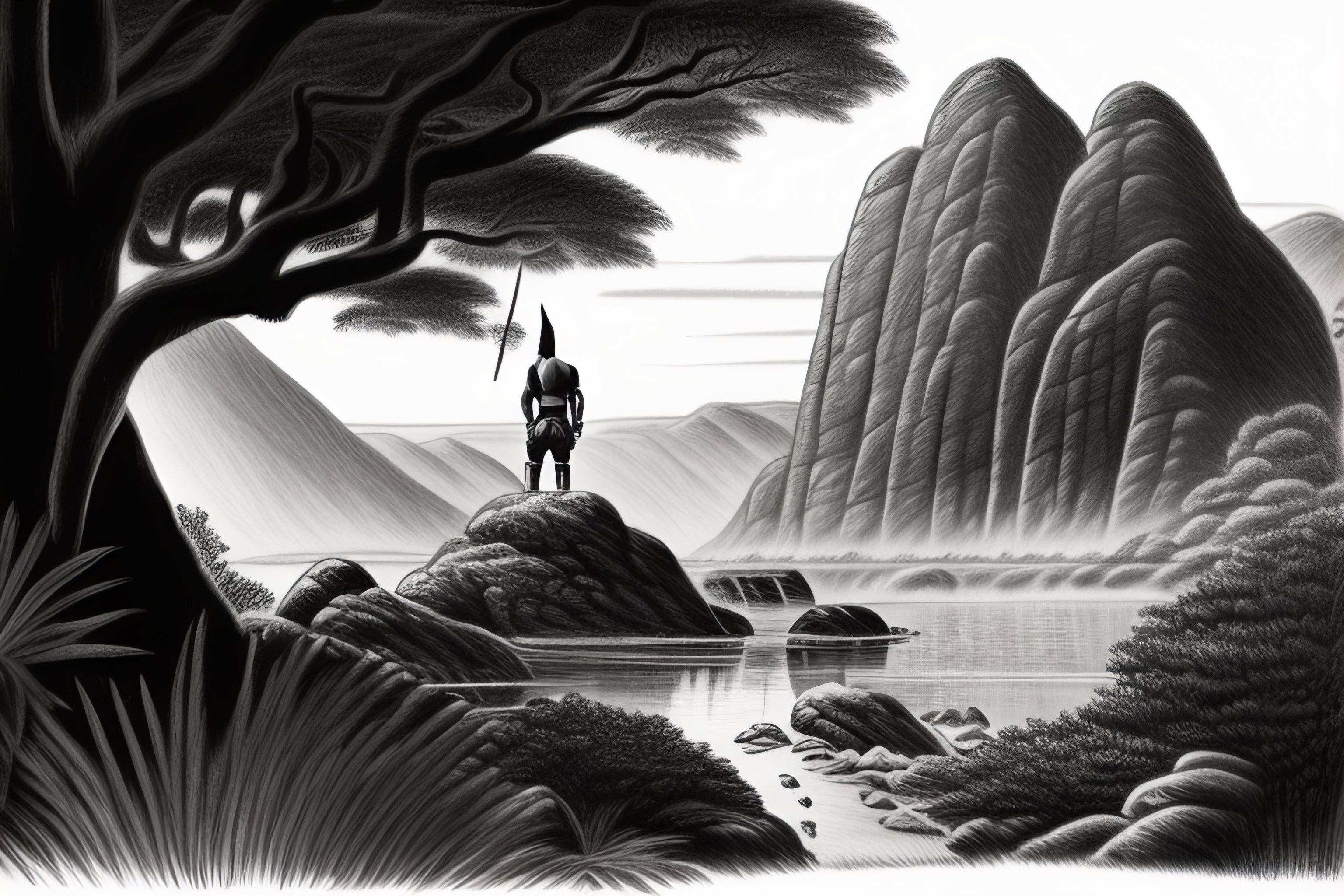 Lexica - Landscape drawing of a muscular caveman with a spear standing ...