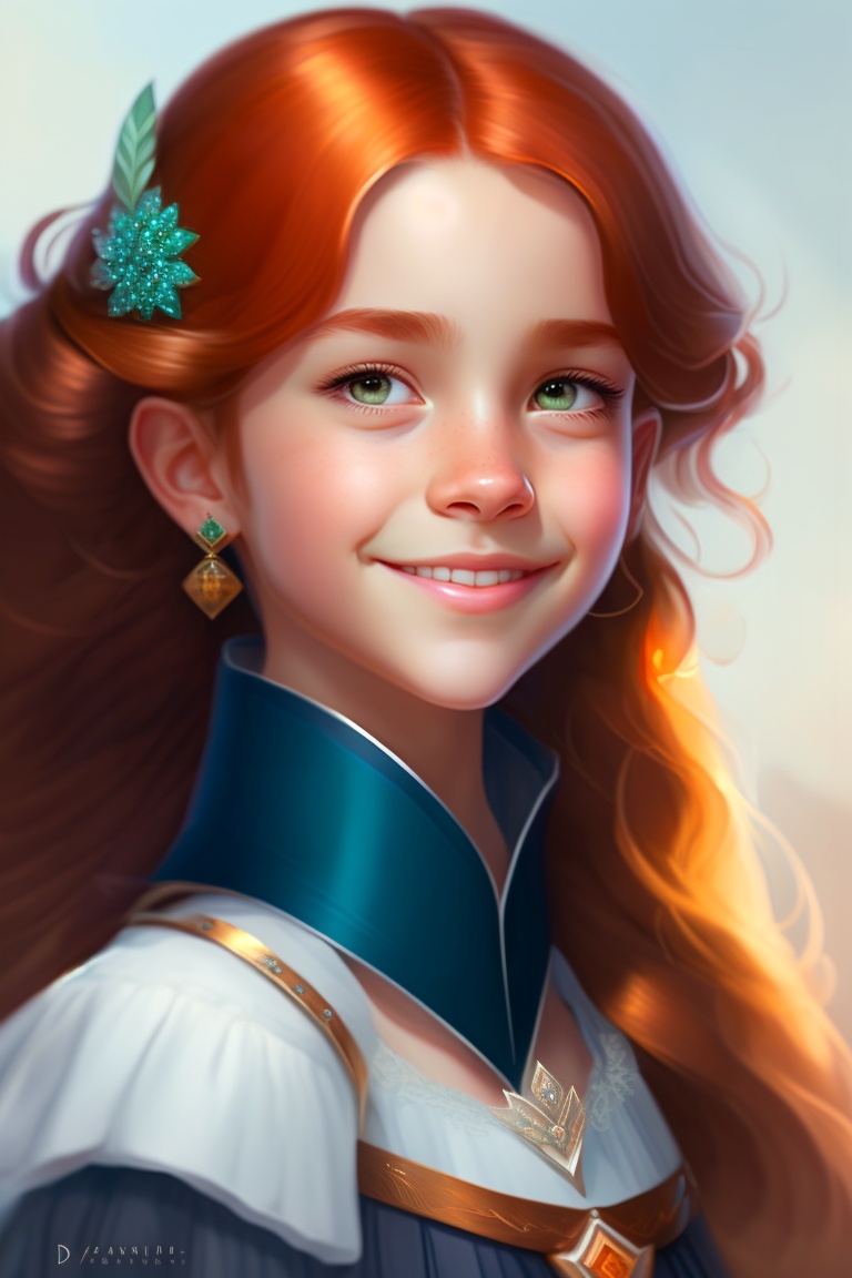 Lexica - A 10 years old red haired princess smiling wearing a dress, d ...