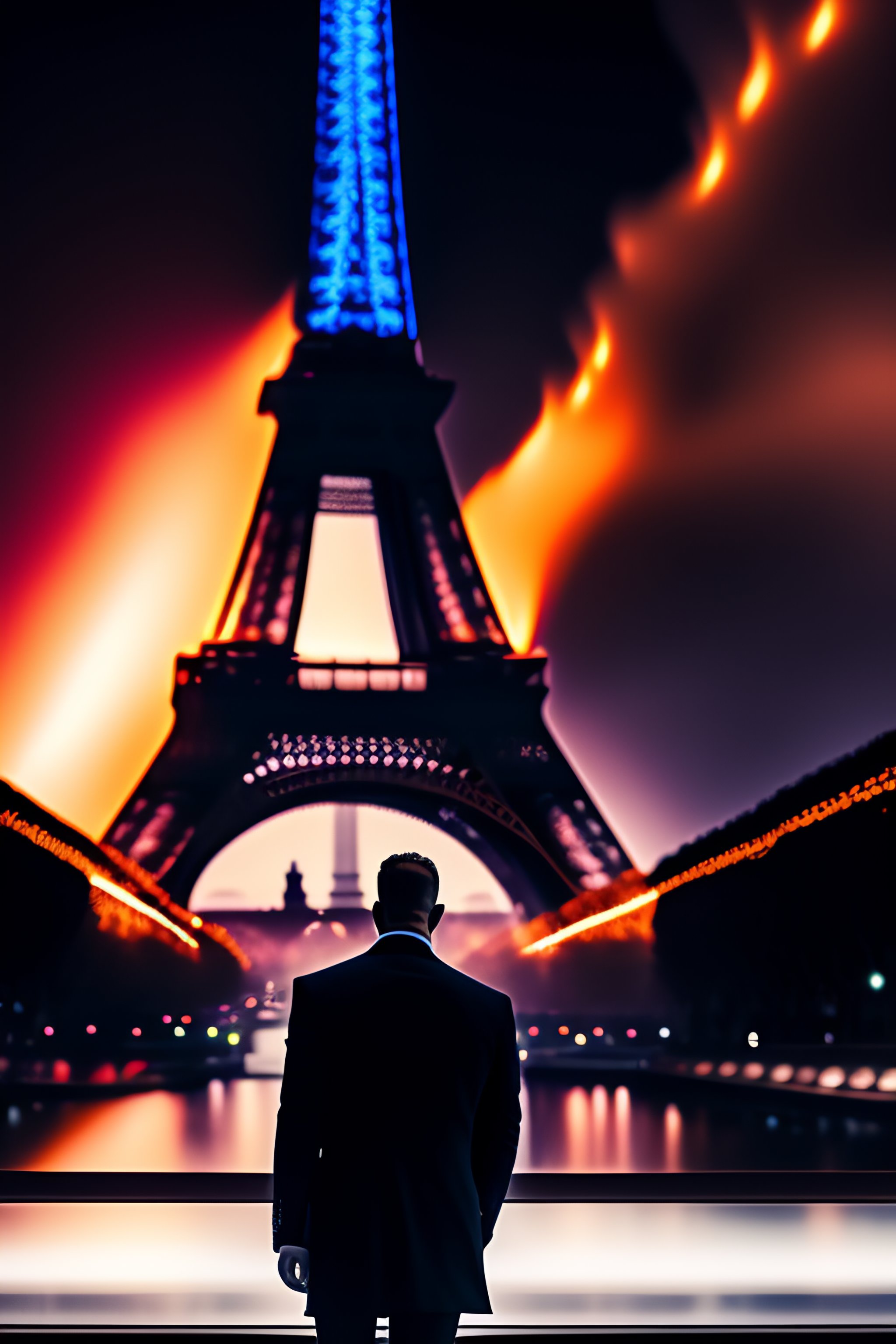 Lexica - James Bond, Daniel Craig walking away from exploding Eiffel tower toward the camera ...