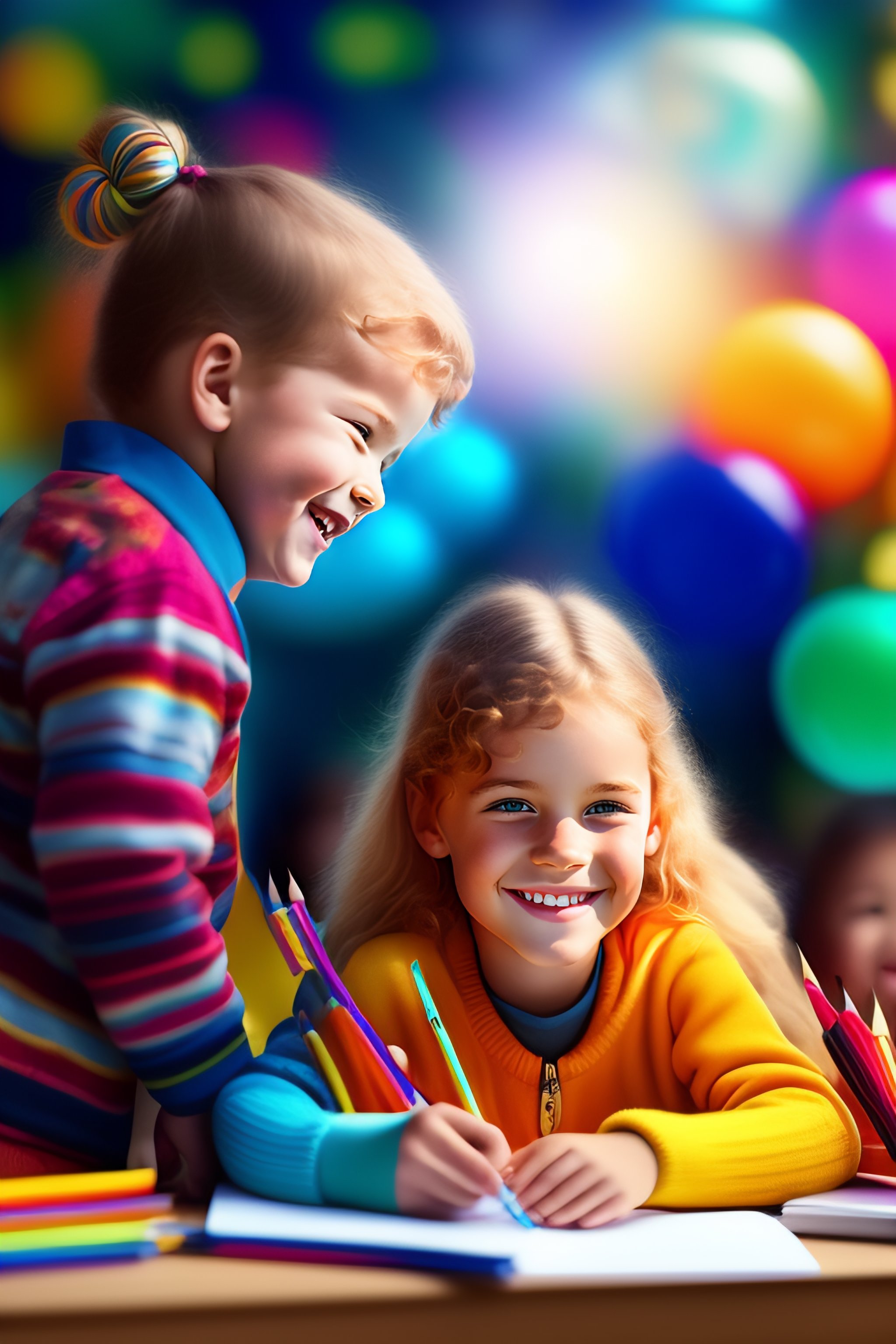 Lexica - Happy children studying looking and smiling at camera with ...