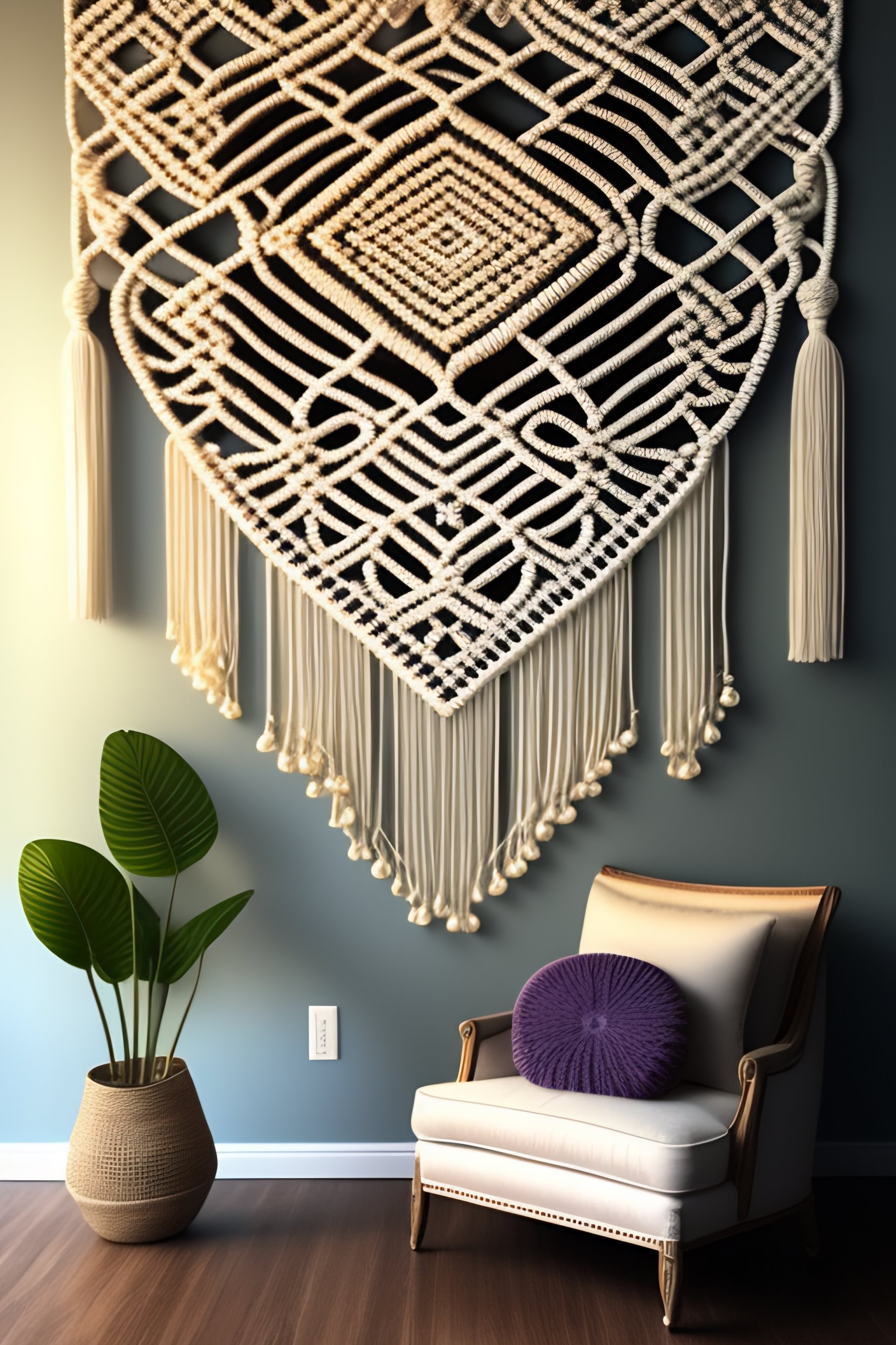 Lexica - Beautiful big macrame wall hanging, ultra hq photo, hanging in ...