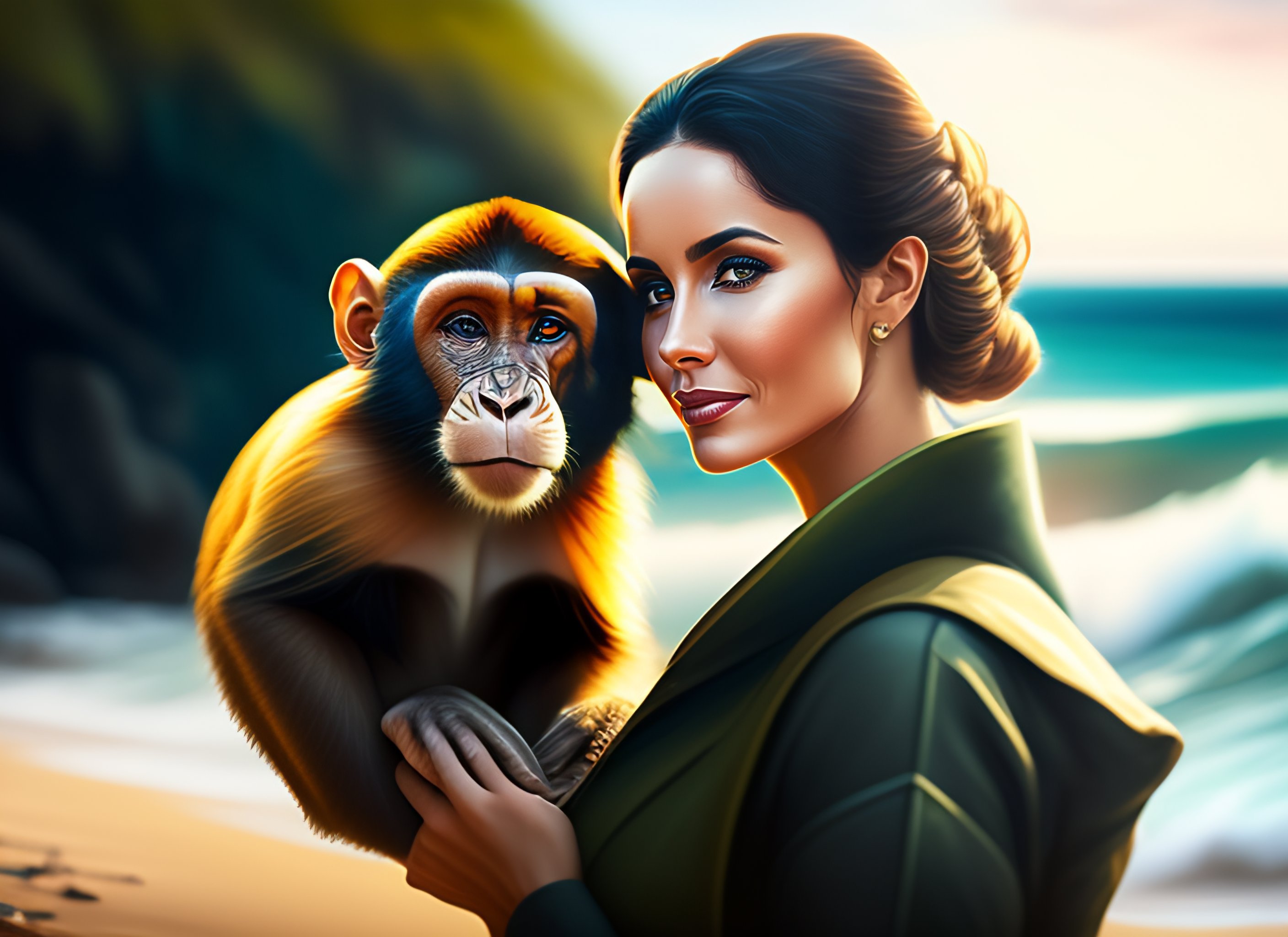 Lexica - Woman holding a monkey by the sea