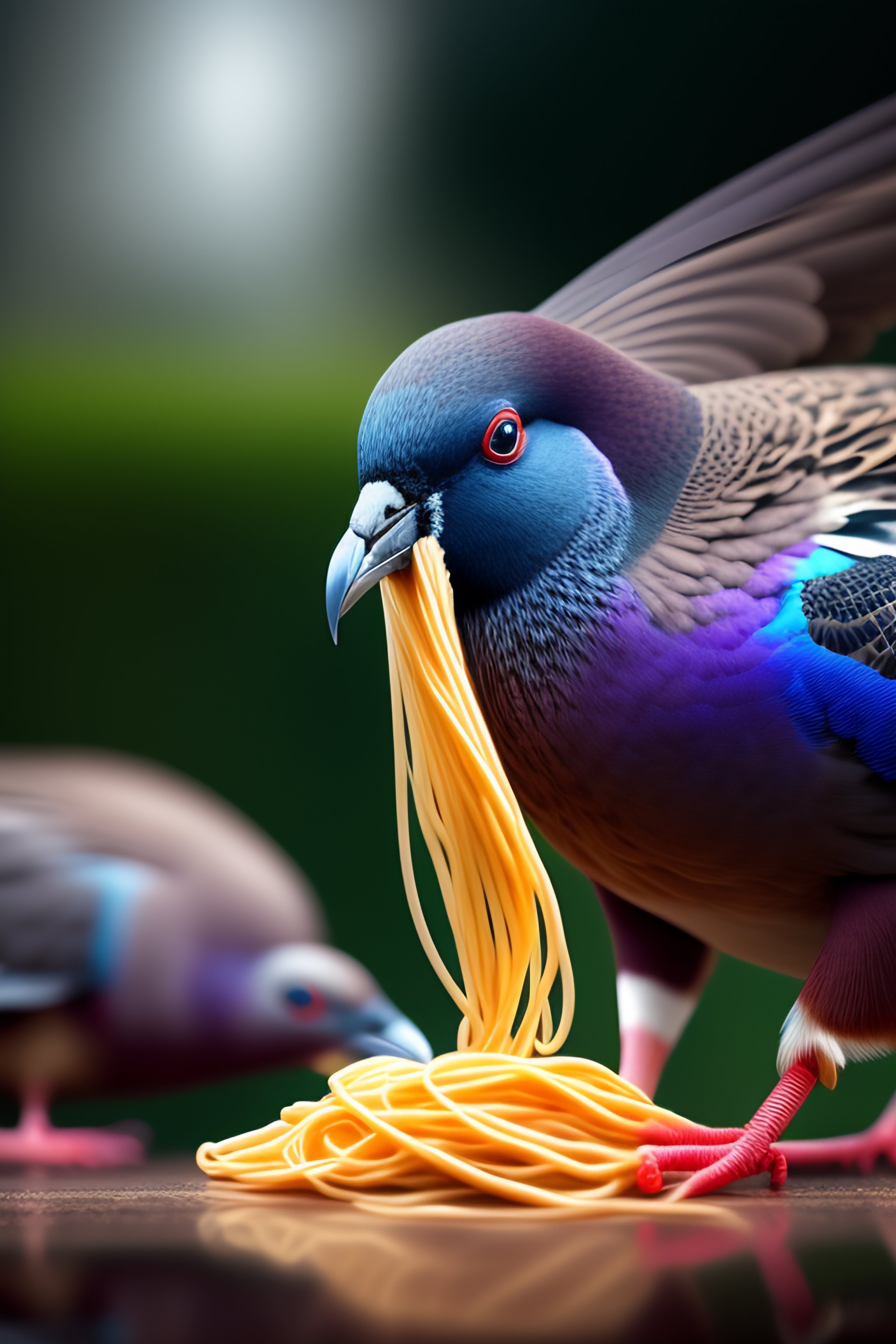 Lexica - A pigeon eats spaghetti in a yard