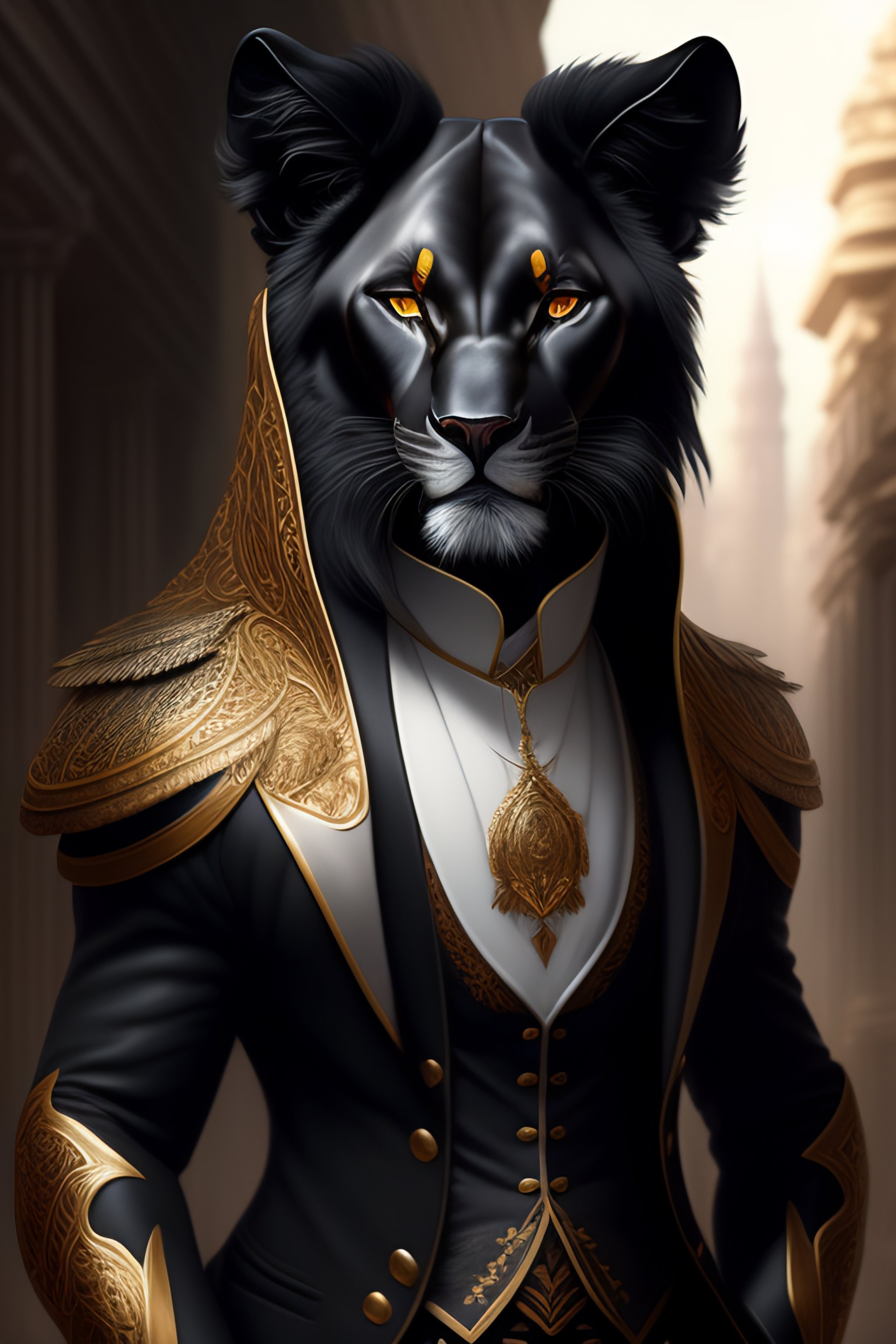Lexica - A Hyper-realistic anthropomorphic black lion, wearing a jacket ...