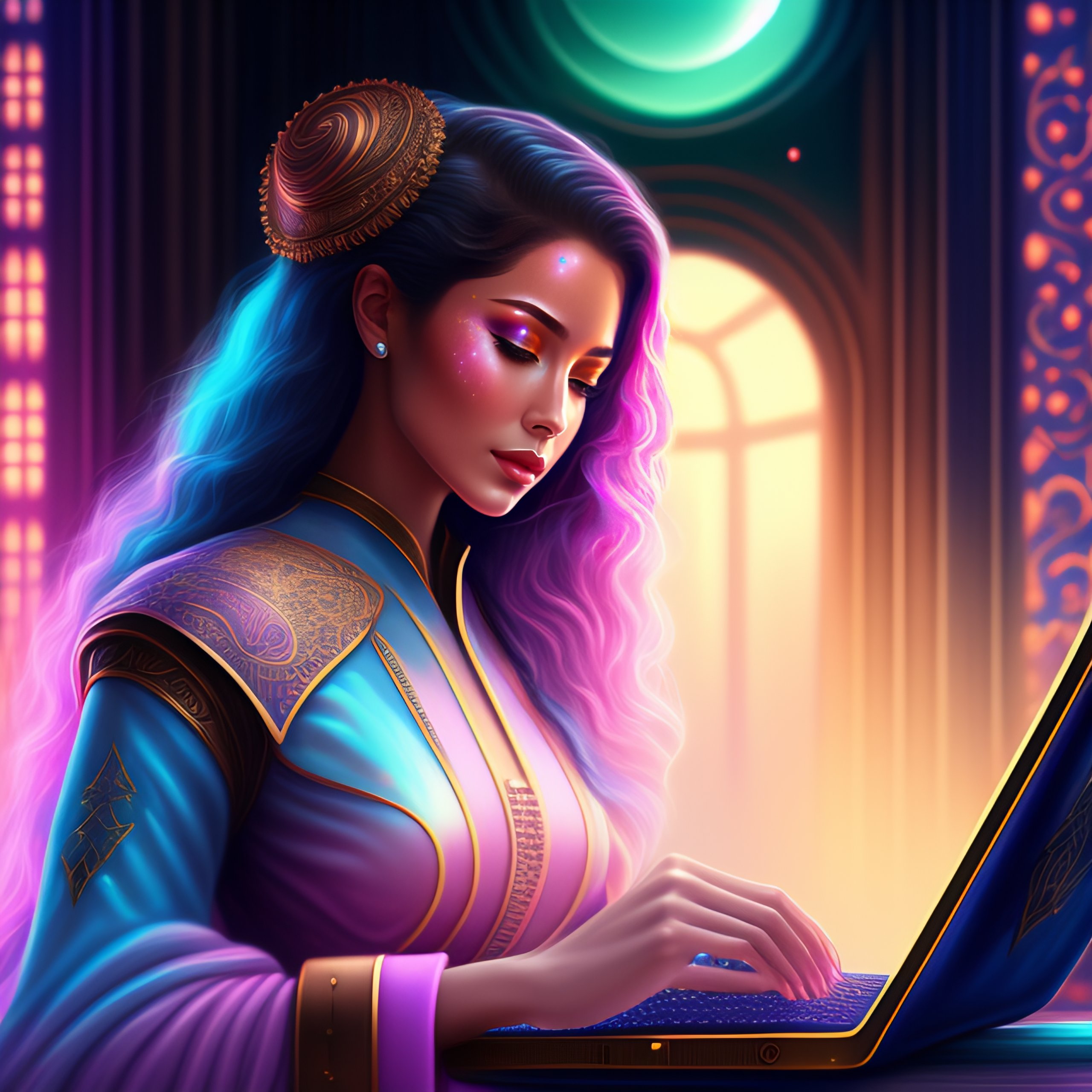 Lexica - Woman programming on her laptop, fantasy, future, renaissance ...