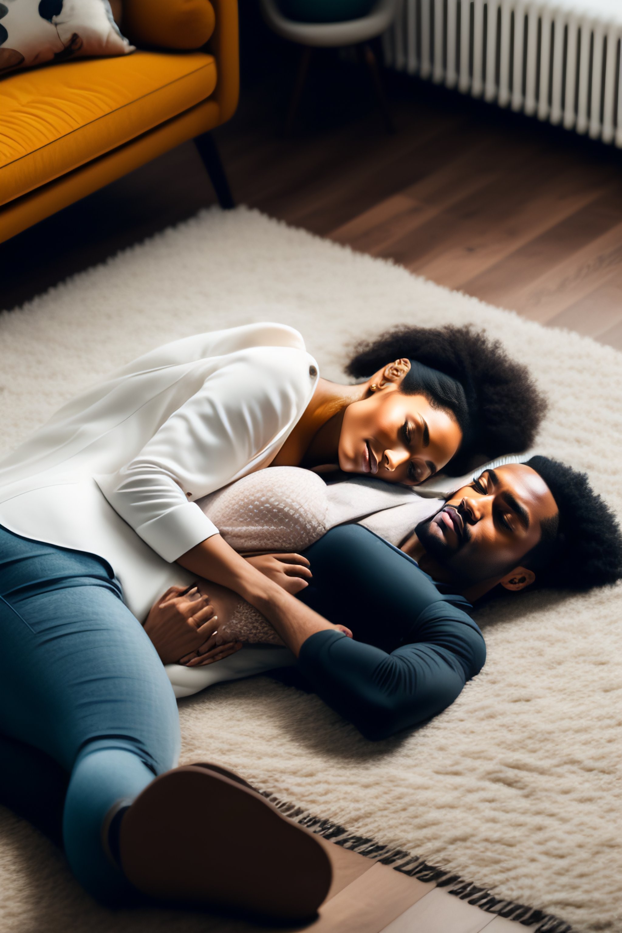 Lexica - A woman stands over a man who lies on his back on the floor of ...