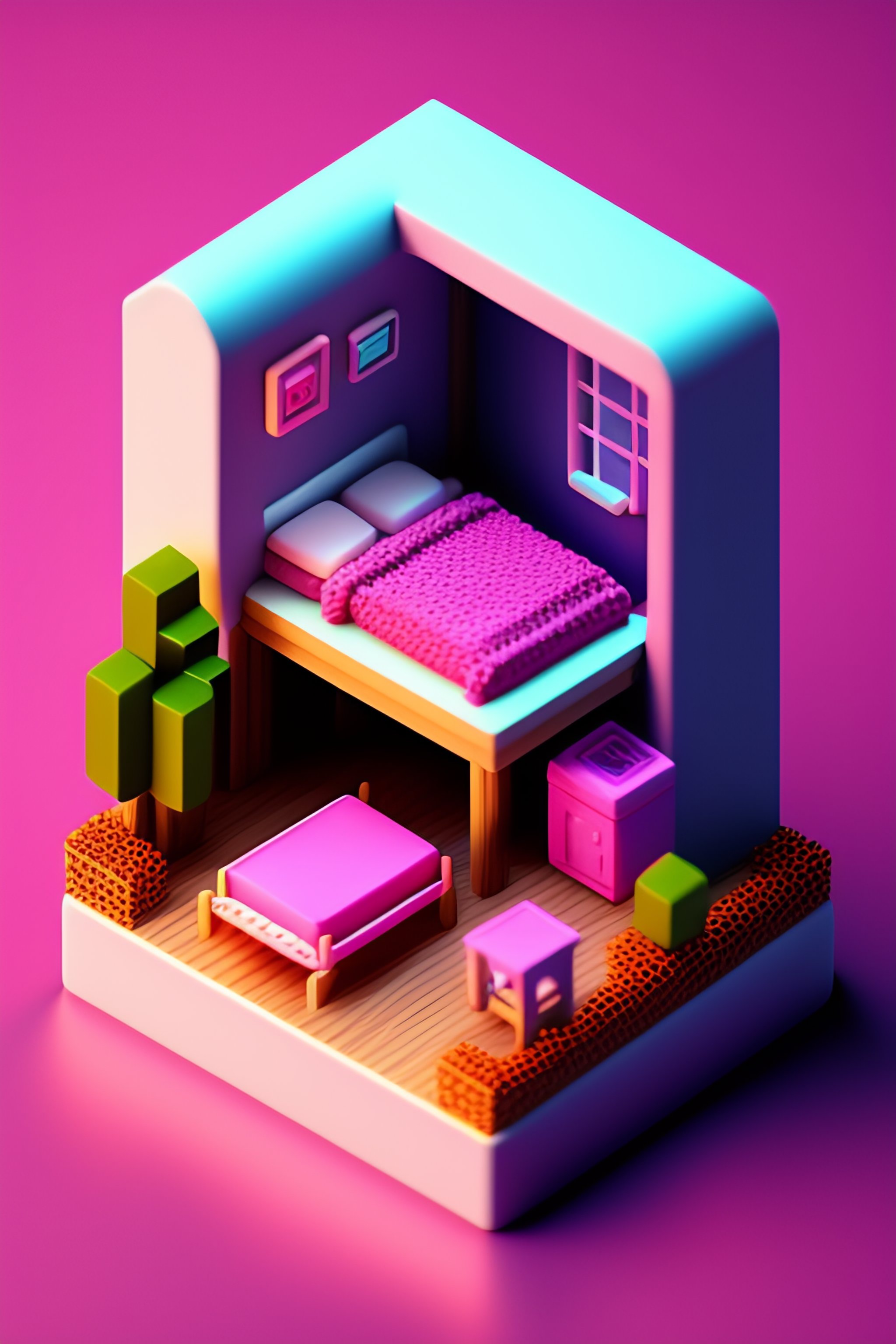Lexica - Tiny cute voxel isometric of a pink bedroom with a bed and toys