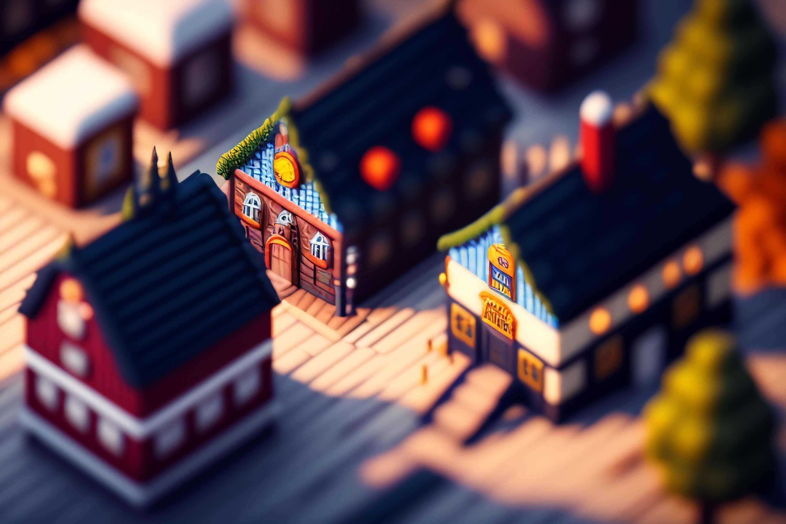 Lexica - Isometric norwegian town, unreal engine voxel render, pixel art