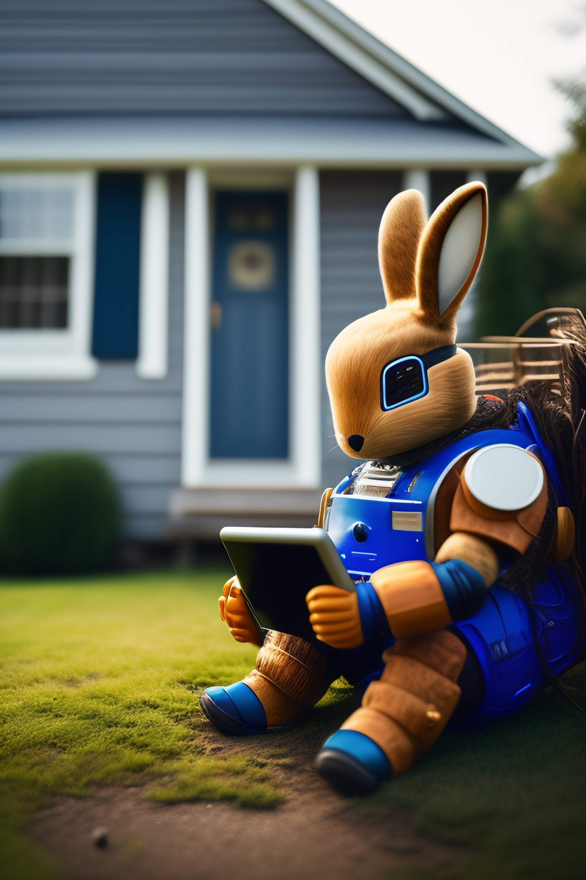 Lexica - Bunny robot working on a tablet and sitting in the front of ...