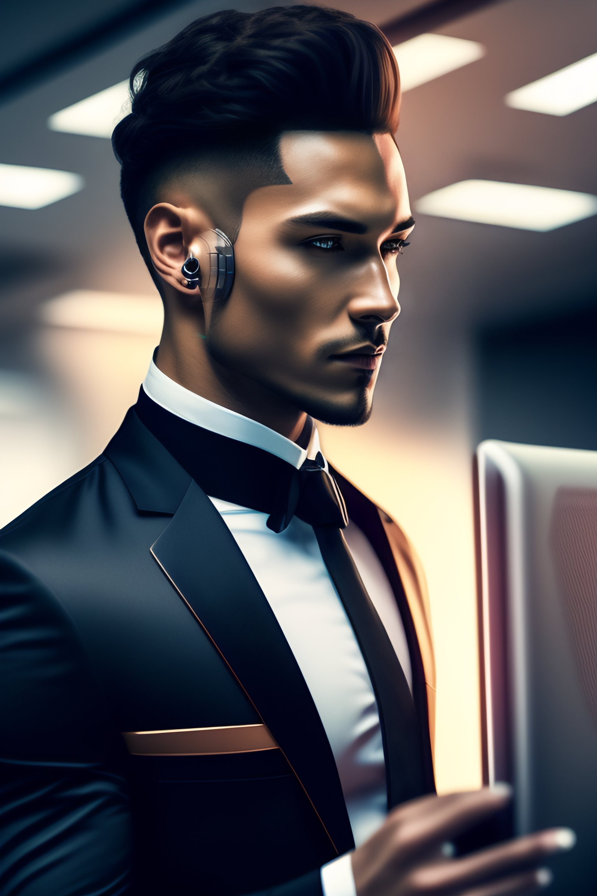 Lexica - Cyborg robotic man office look with suit in front of a ...