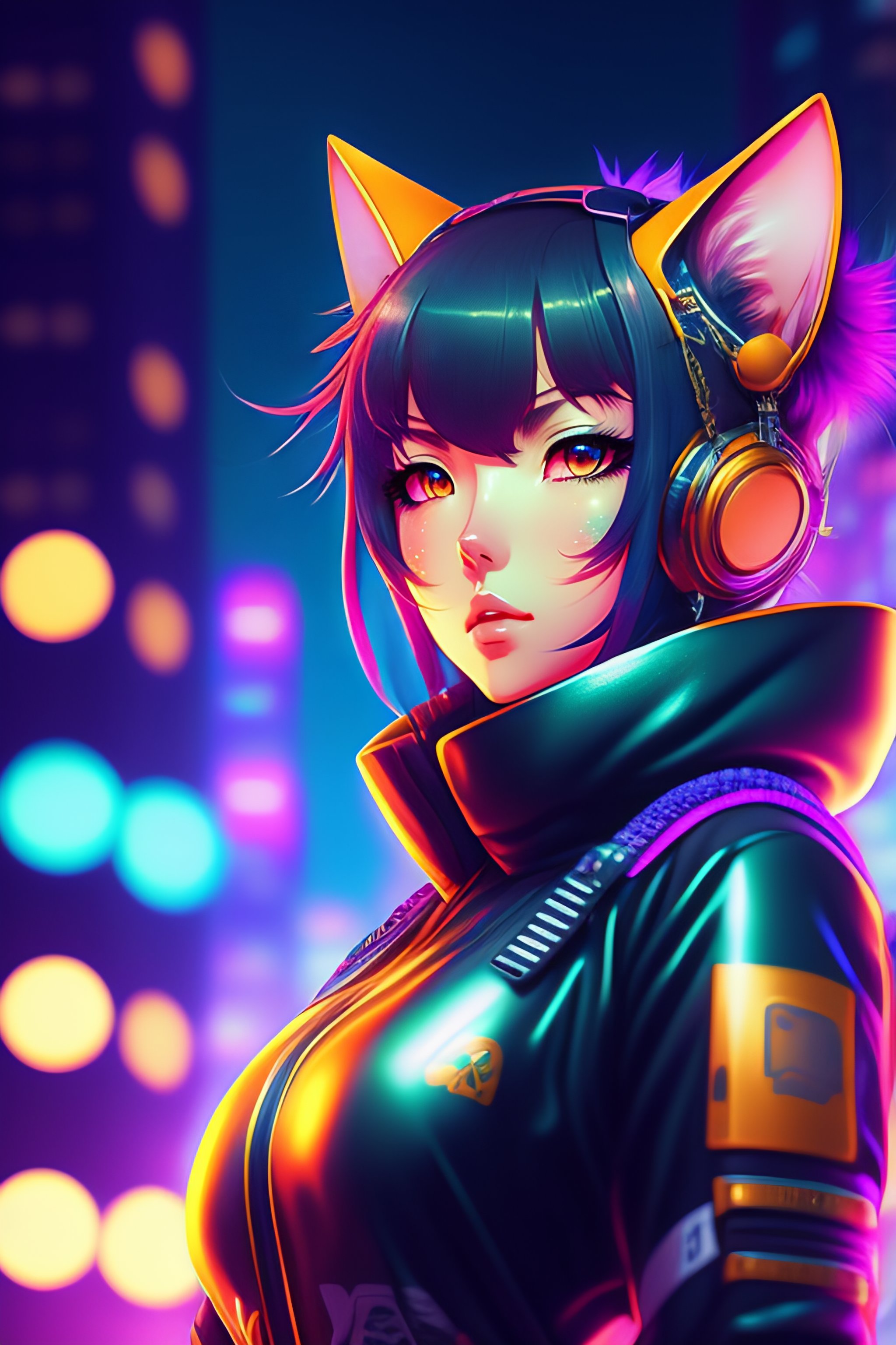 Lexica - Portrait of a Cute Anime Cyberpunk Cat Girl in a Retro Future ...