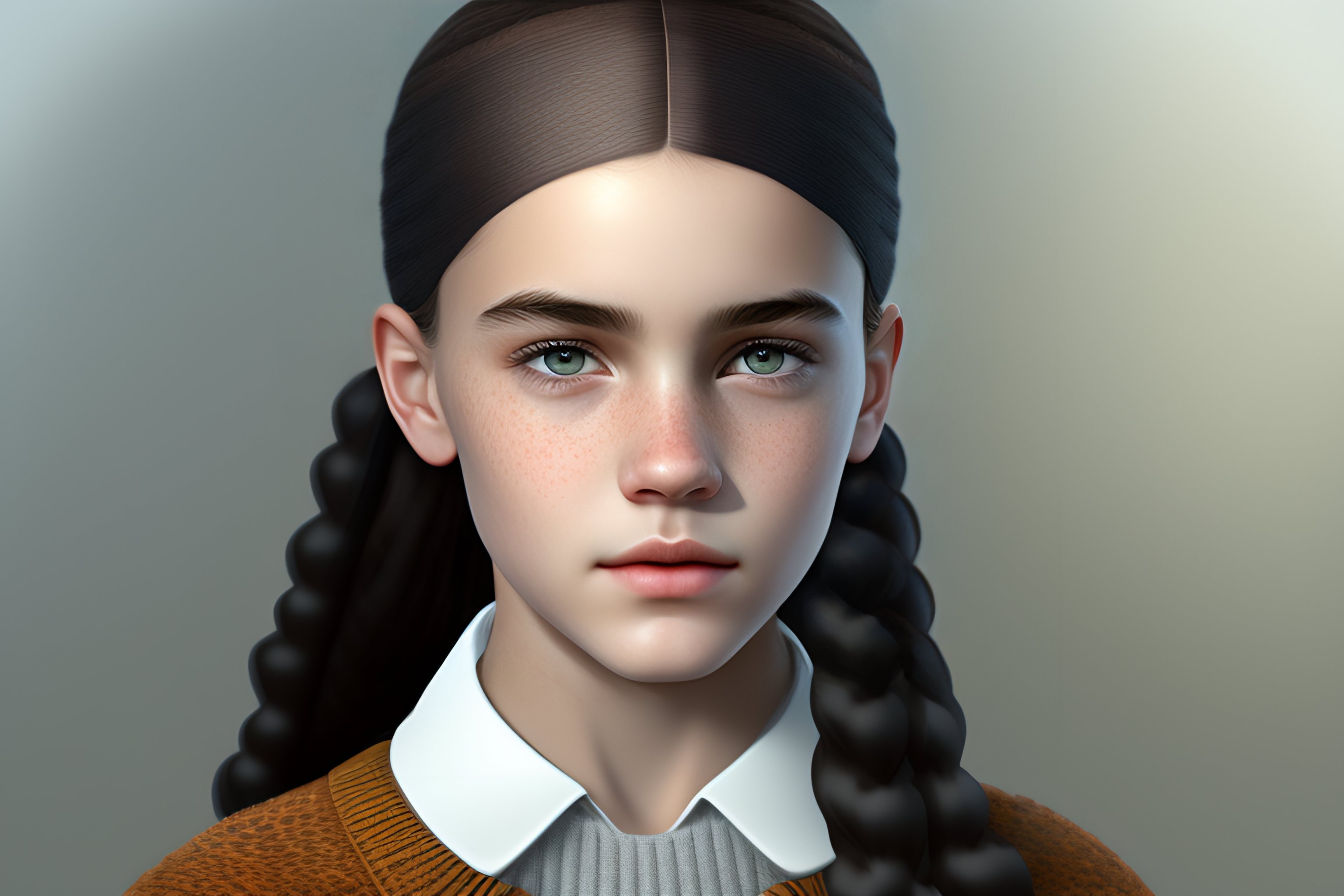 Lexica - Young girl face pale and swarthy, large gray eyes under round ...