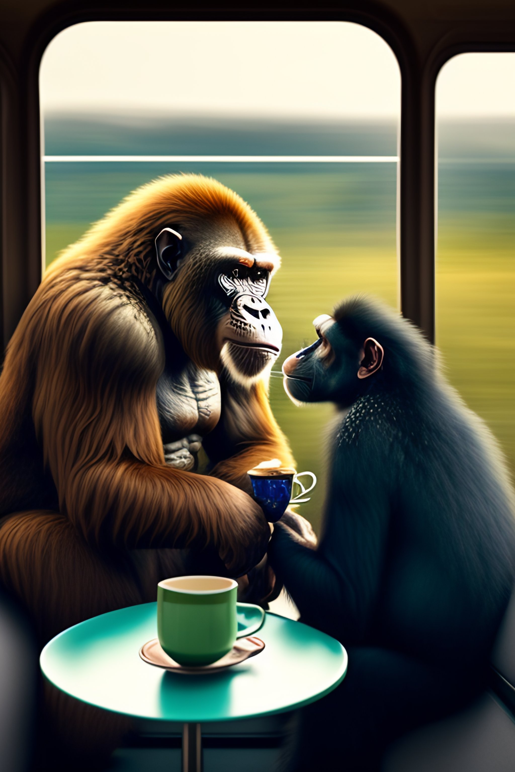 Lexica - An ape and a wolf enjoying a cup of tea while riding on the ...