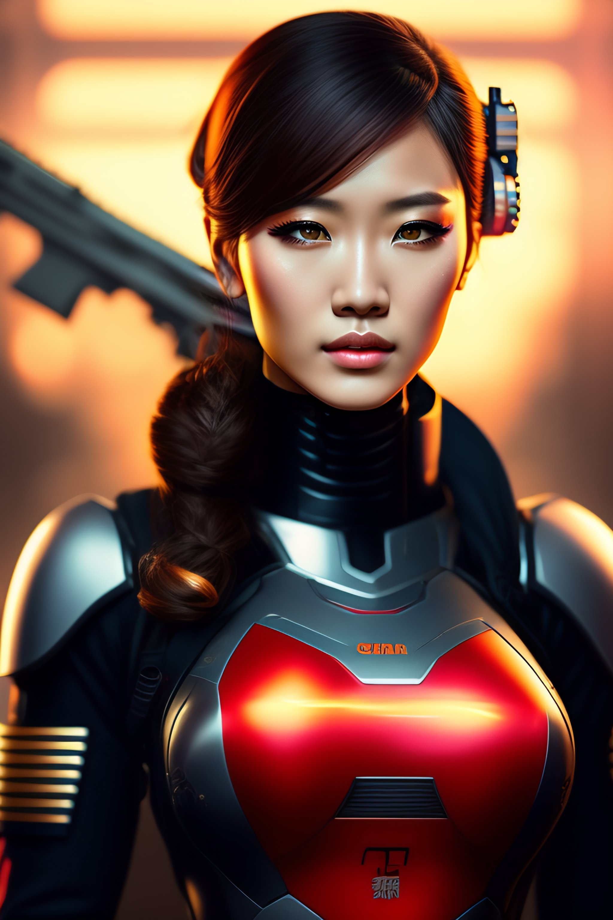 Lexica - Cyborg anime girl, different eye color, holding a rifle